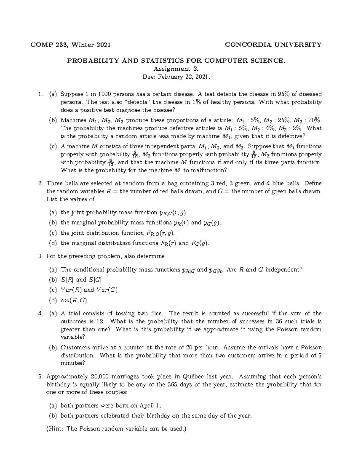 COMP233 Assignment 2 W2021 - COMP 233, Winter 2021 CONCORDIA UNIVERSITY PROBABILITY AND ...