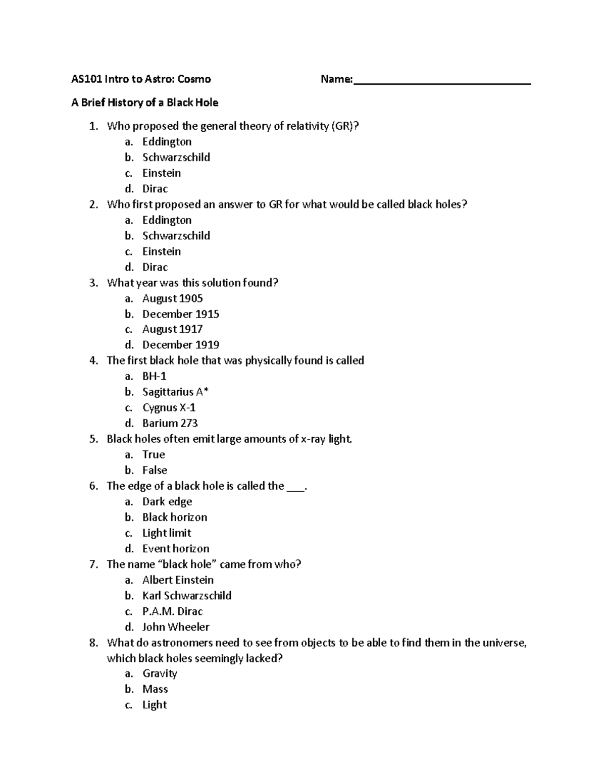 A Brief History of Black Holes Worksheet - AS101 Intro to Astro: Cosmo ...