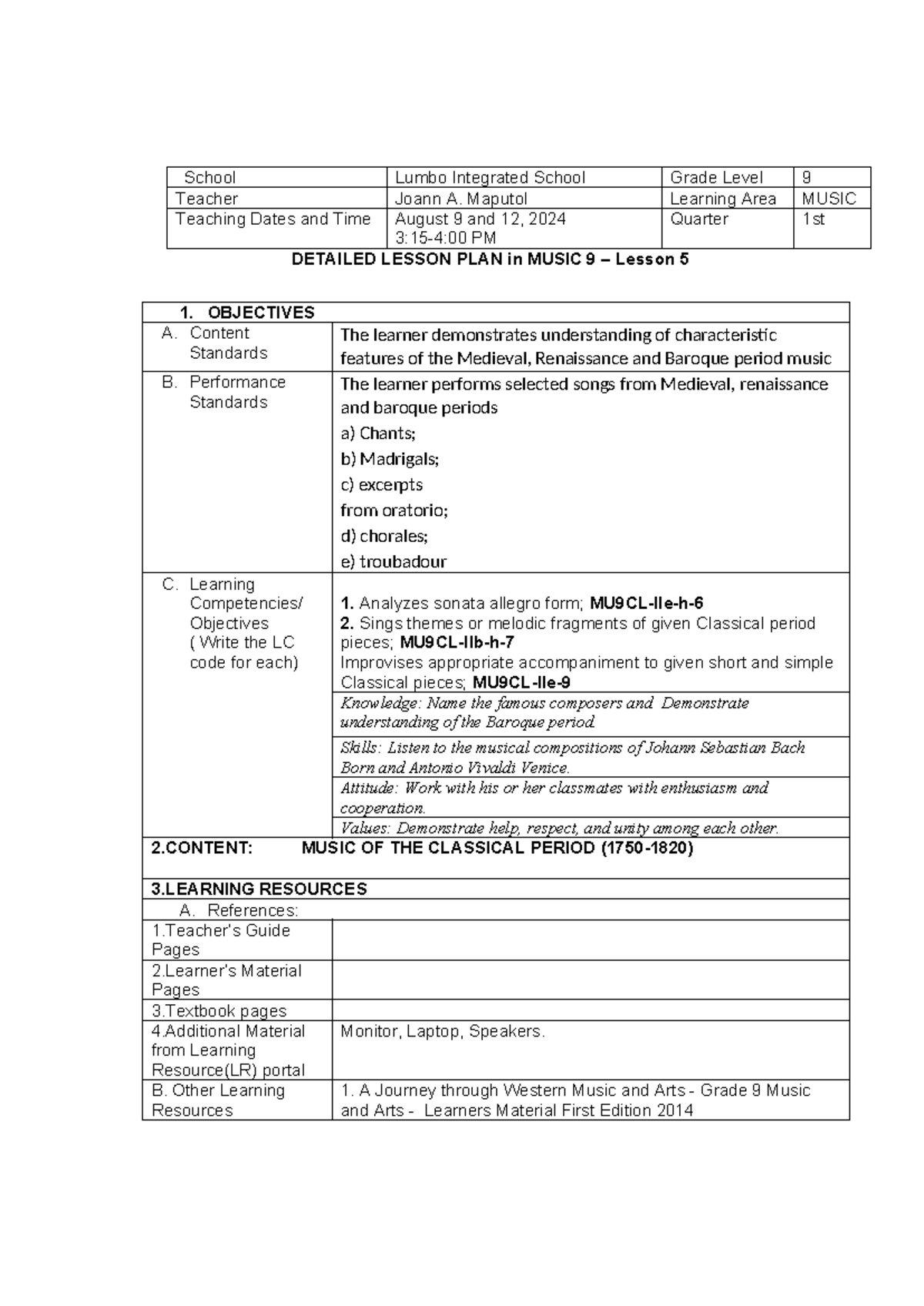 Music 9 Lesson PLAN Quarter 2 - School Lumbo Integrated School Grade ...