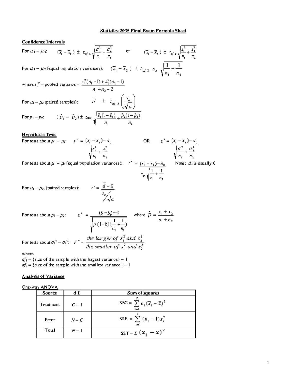 Formulas + Sheet - 1 Statistics 2035 Final Exam Formula Sheet Confidence Intervals For μ 1 − μ 2 ...