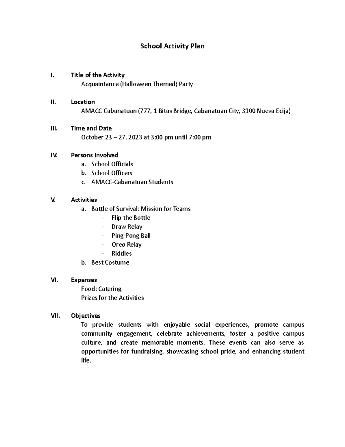 School Activity Plan - wdwedfew - School Activity Plan I. Title of the ...