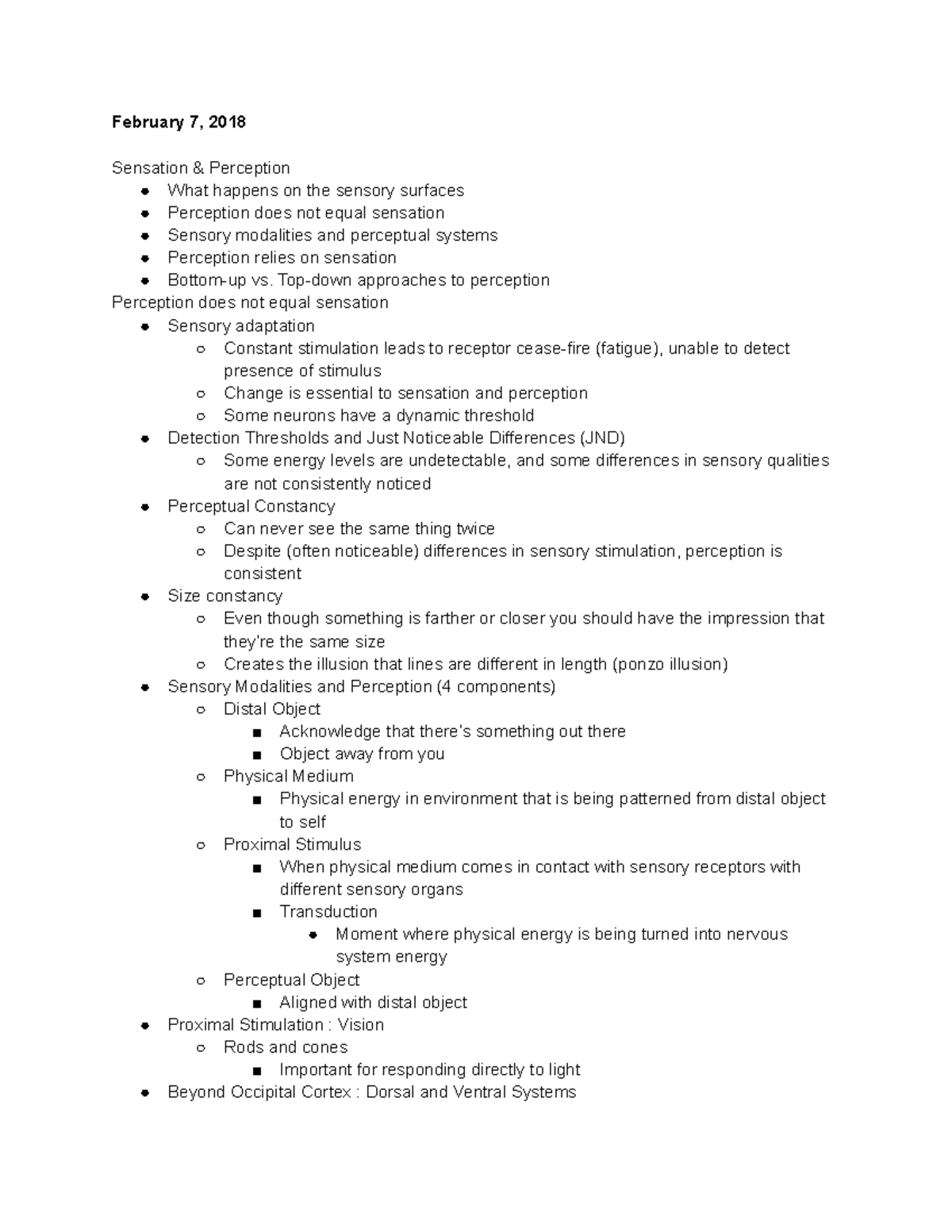 Perception Notes - Jennifer Pardo - February 7, 2018 Sensation &amp ...