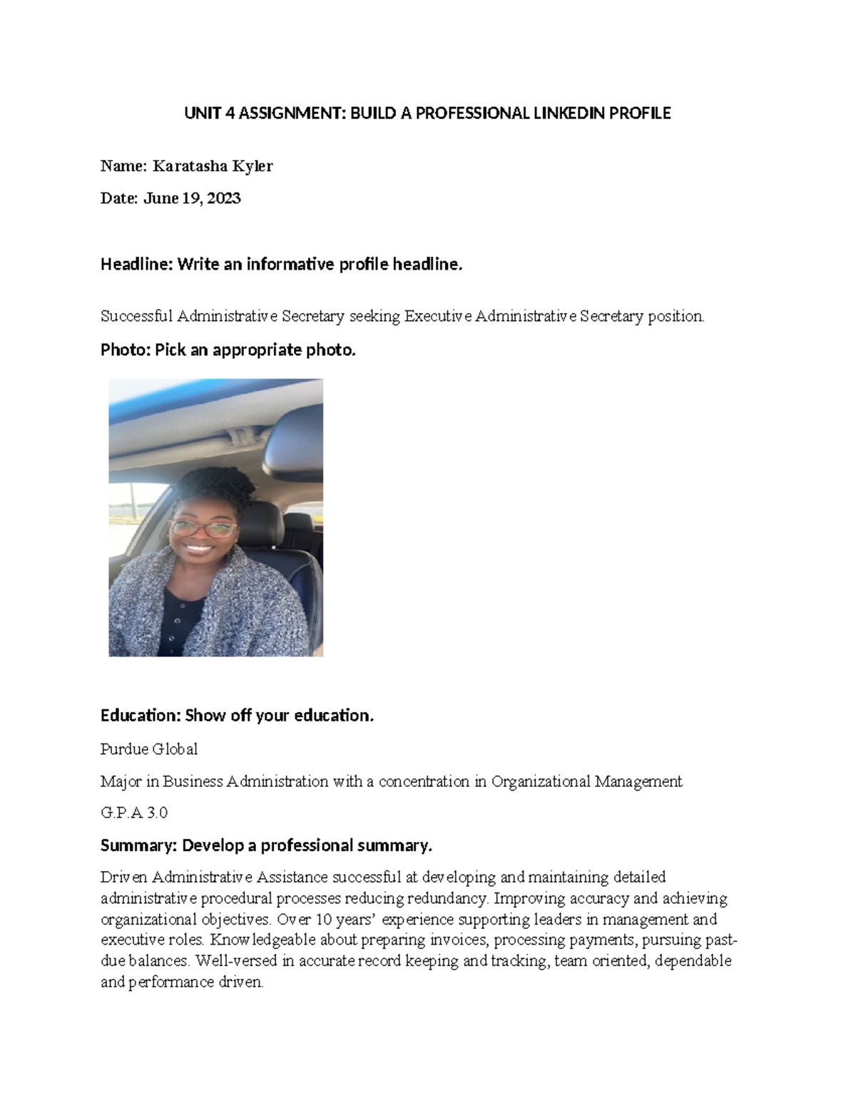 Cs212unit4 - Unit Assignment - UNIT 4 ASSIGNMENT: BUILD A PROFESSIONAL LINKEDIN PROFILE Name ...