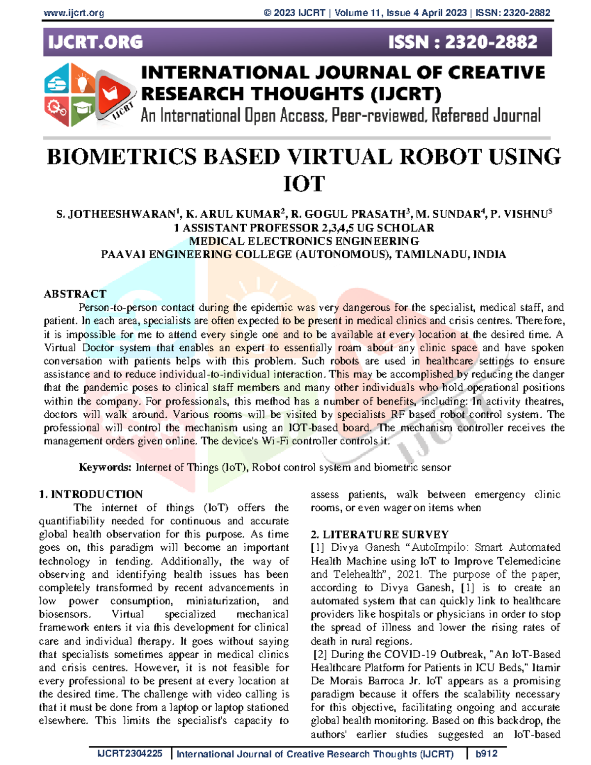 Ijcrt 2304225 - BIOMETRICS BASED VIRTUAL ROBOT USING IOT S ...
