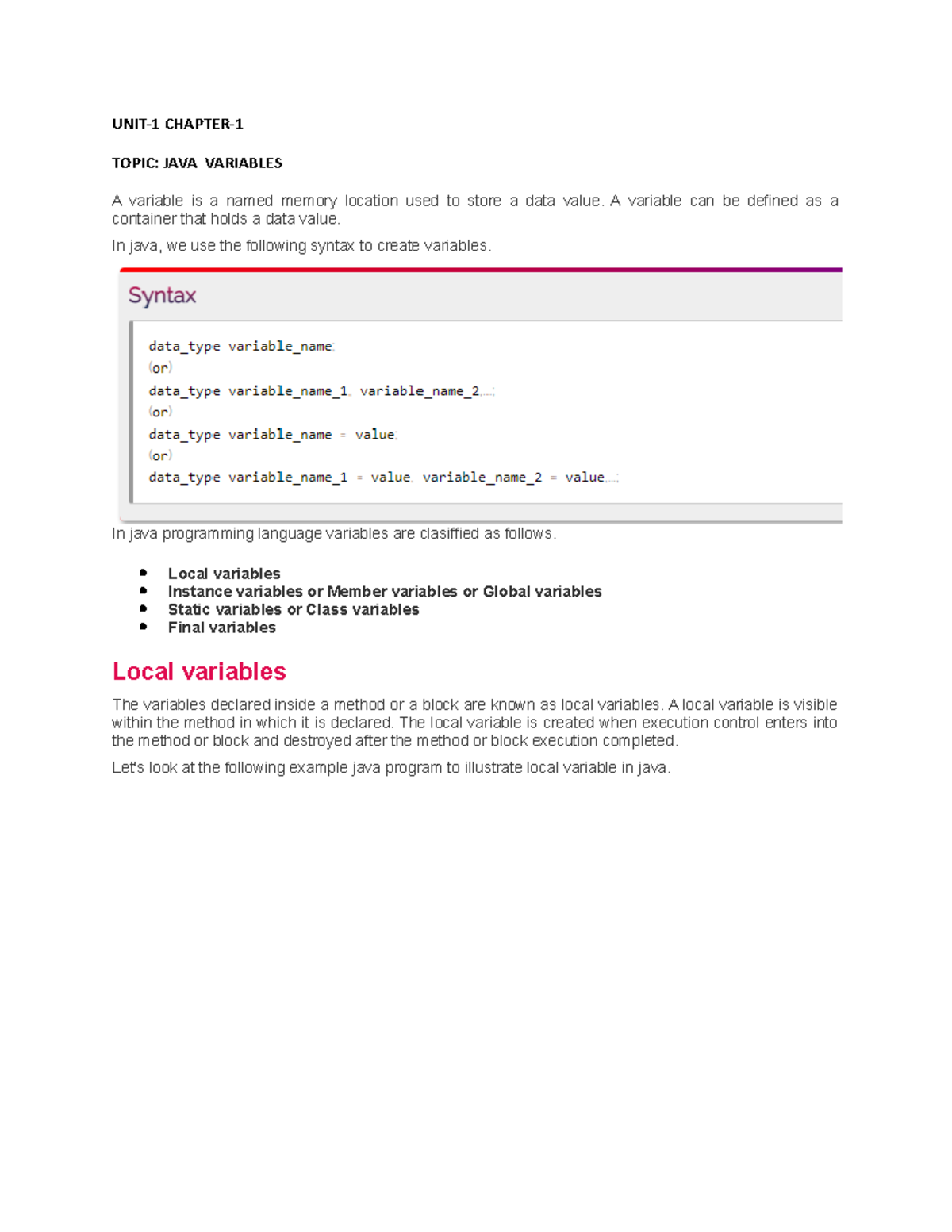 6 Java Variables Unit 1 Chapter Topic Java Variables A Variable Is