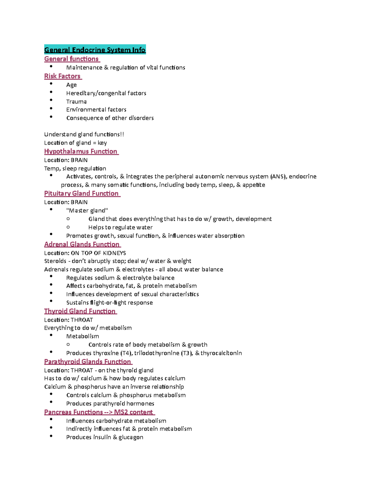 Endocrine System Lecture Notes - General Endocrine System Info General ...