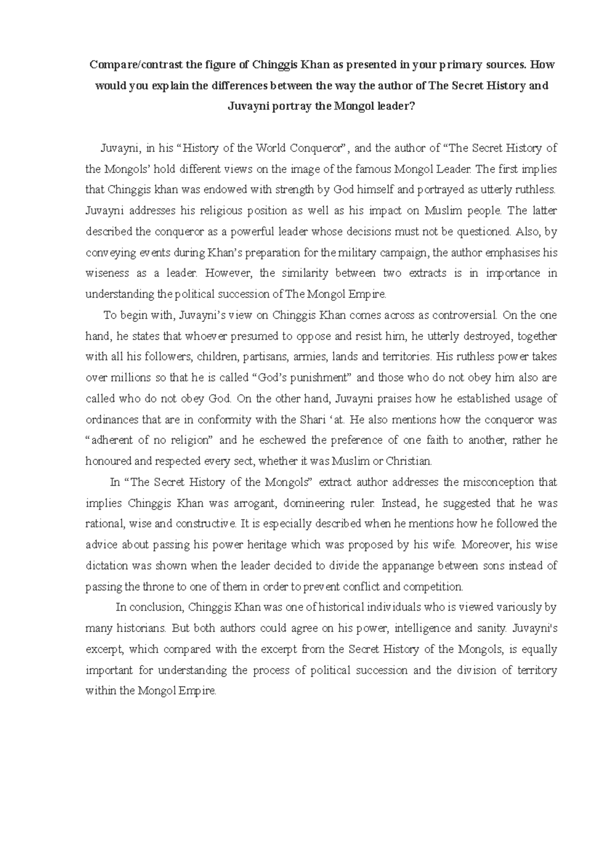 Response paper 1 - Compare/contrast the figure of Chinggis Khan as ...
