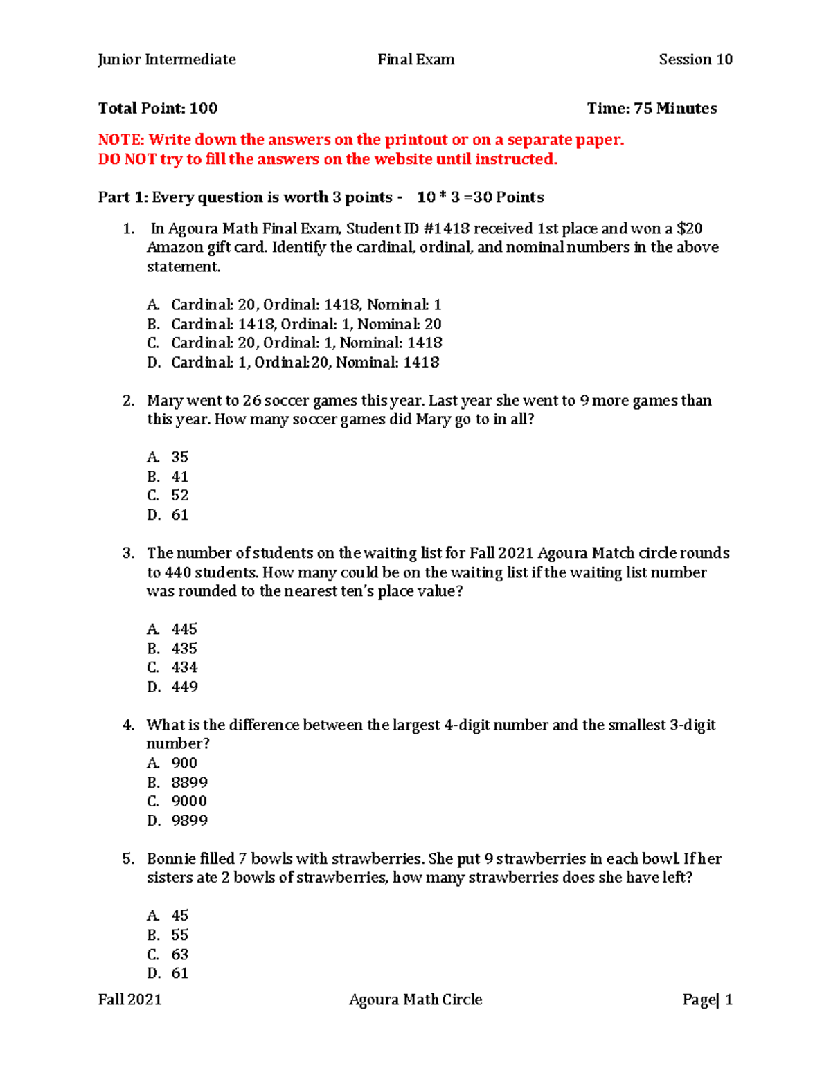Fall2021 Junior Intermediate Session 10 Final Exam - Total Point: 100 ...