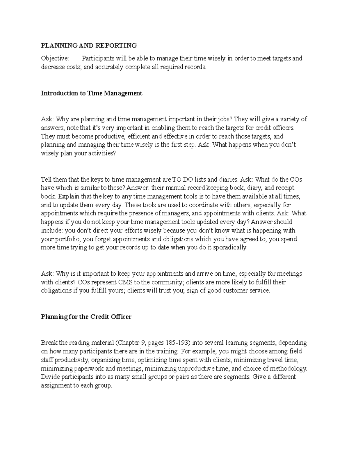 8 Planning AND Reporting - PLANNING AND REPORTING Objective ...