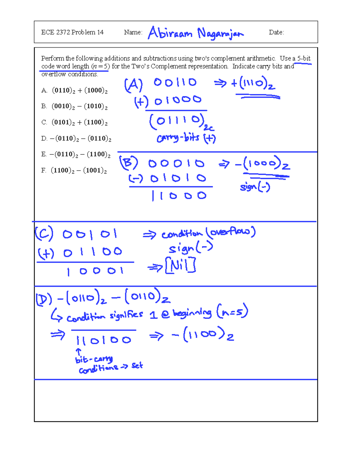 ECE 2372 Problem - Two's Complement Representation - ECE 2372 Problem 14 Name: Date: Perform the ...