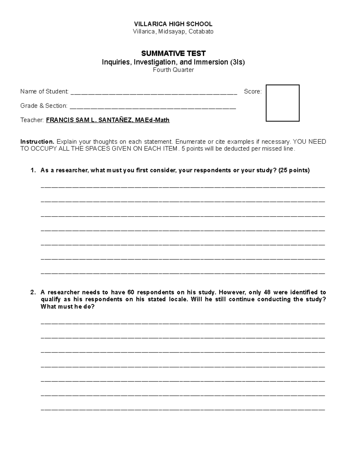 3Is - Summative Test - Fourth Quarter - VILLARICA HIGH SCHOOL Villarica ...