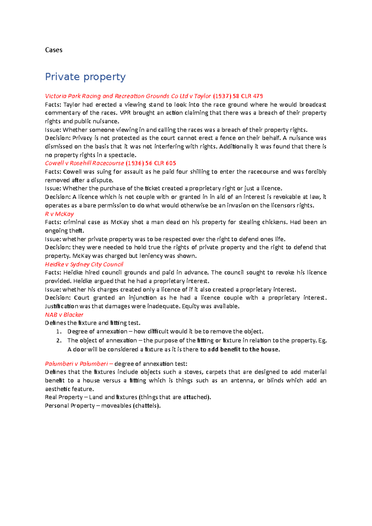Property law Cases - Full Course Summary of notes for exams - Cases ...