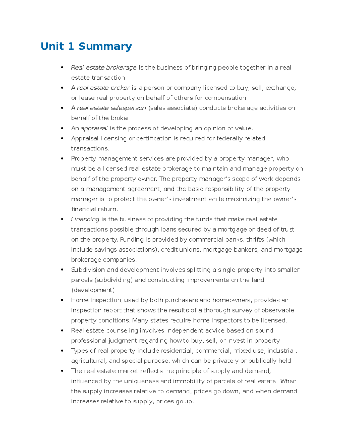 Real Estate Notes - homework - Unit 1 Summary Real estate brokerage is ...