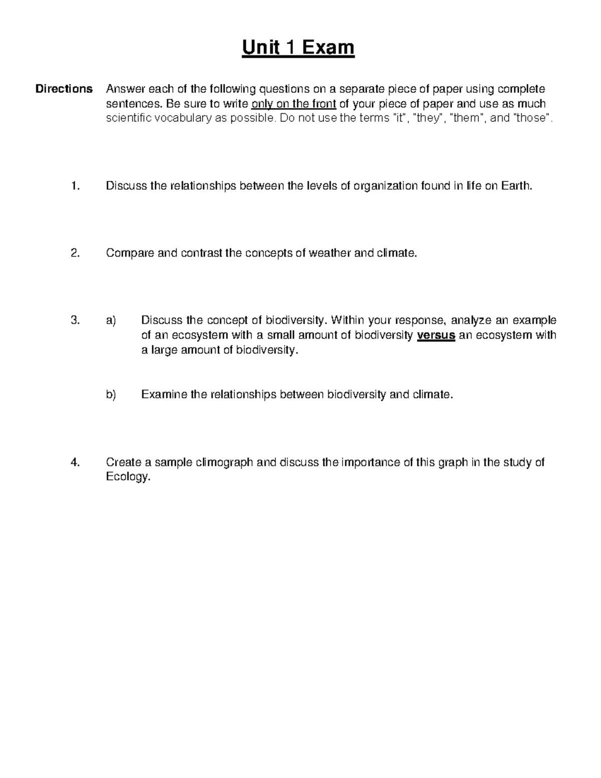 Unit 1 Exam - exam of unit 1 of bio - Unit 1 Exam Directions Answer ...