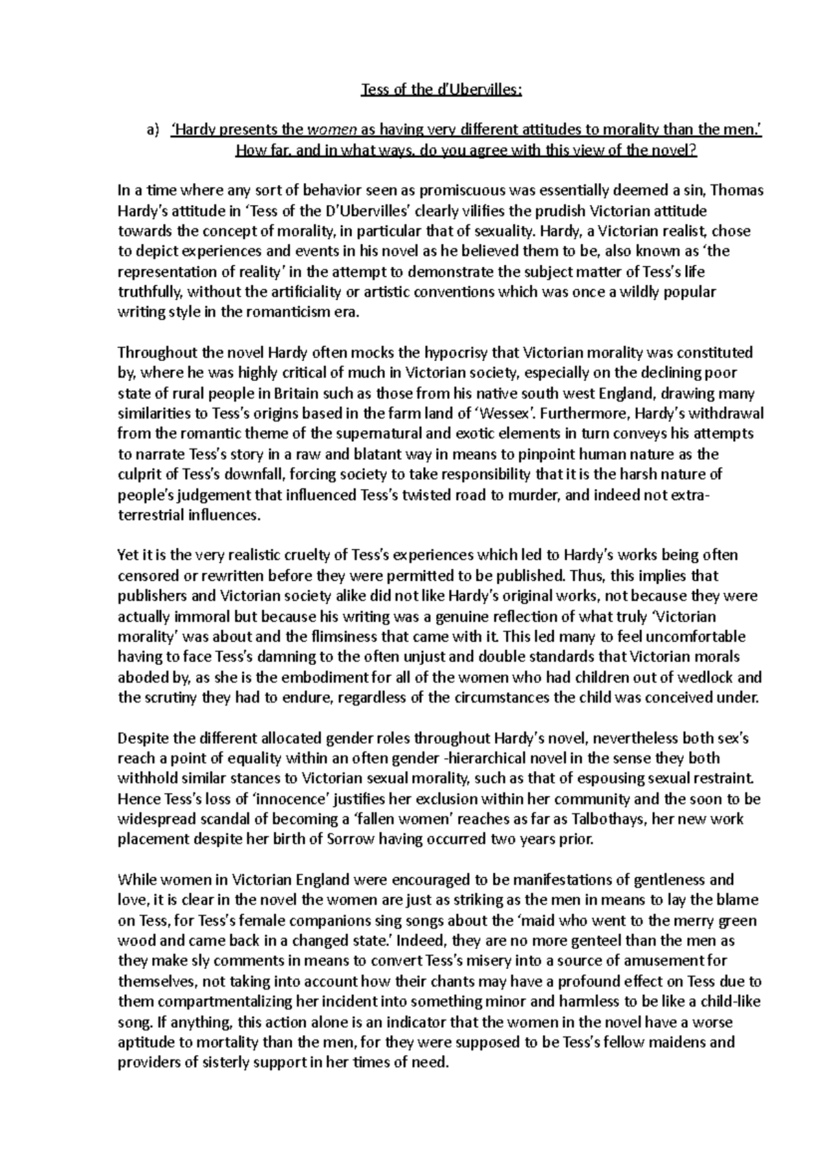 Tess of the d'Ubervilles (essay question) - Morality in Woman Versus ...