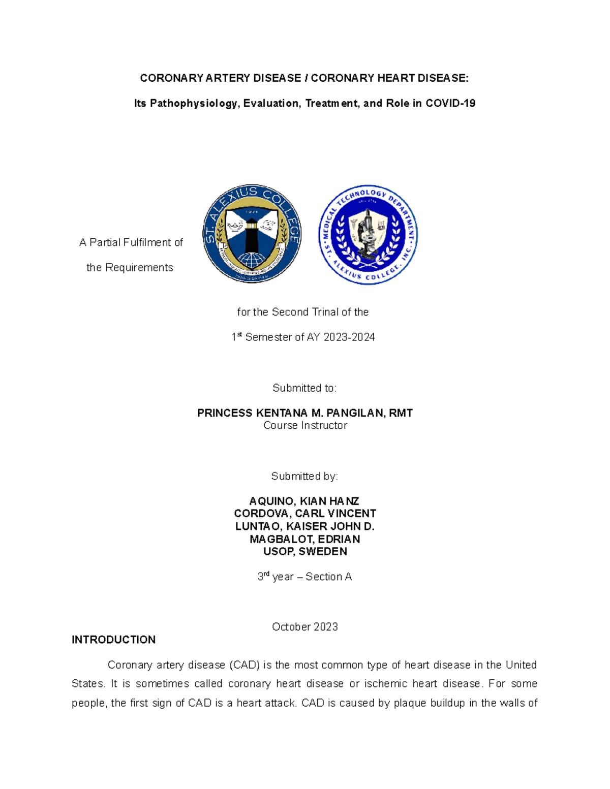 MT310-A LEC 2nd Trinal Output-Group 5 - CORONARY ARTERY DISEASE ...