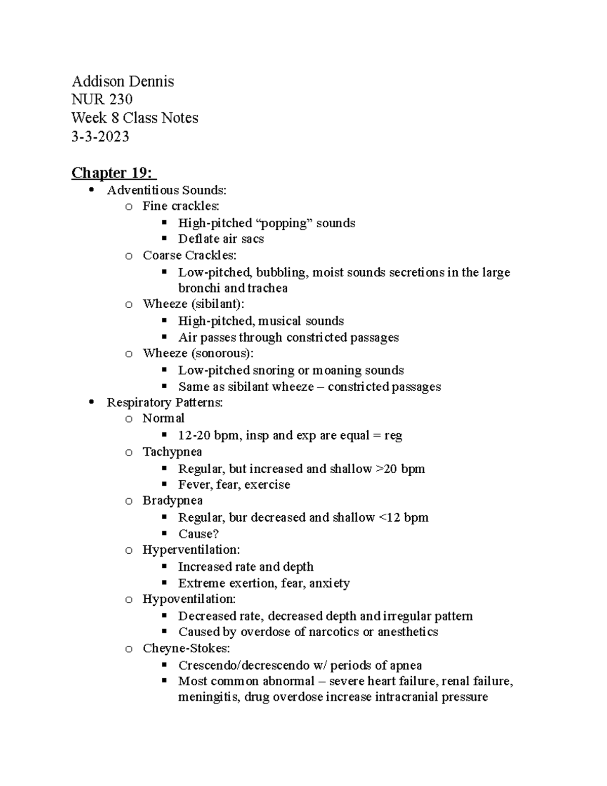 Week 8 Notes 230 in class - Addison Dennis NUR 230 Week 8 Class Notes 3 ...