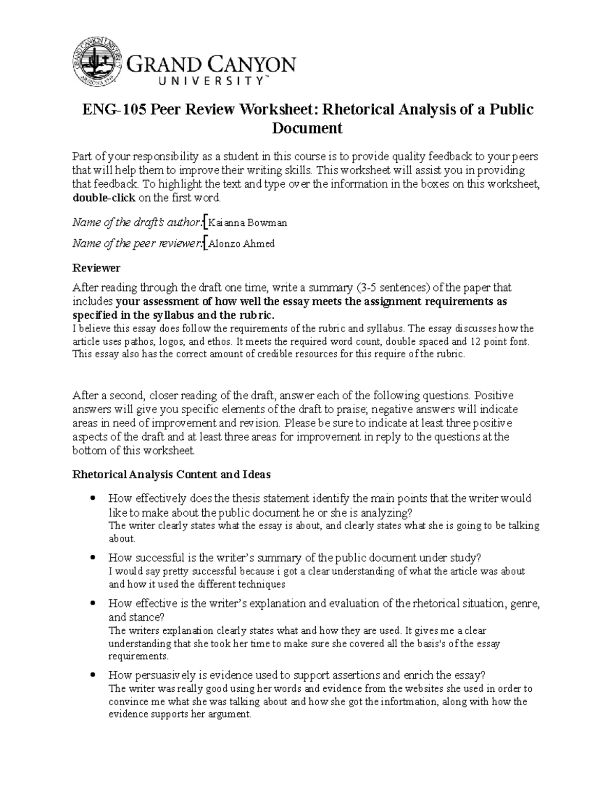 ENG-105-RS-Rhetorical Analysis Peer Review Worksheet Online - ENG-105 ...