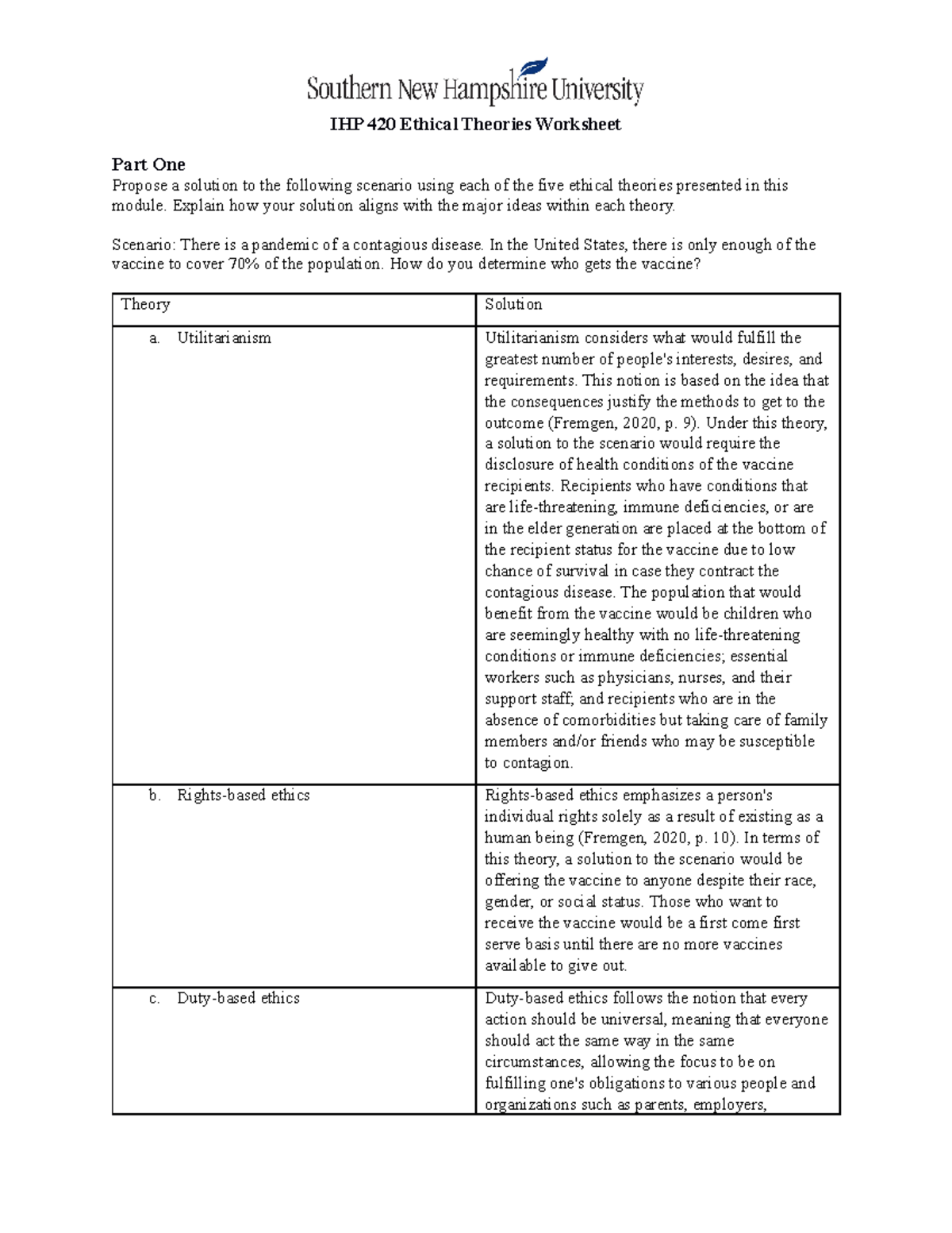 Module 1.3 Worksheet - Ethics - IHP 420 Ethical Theories Worksheet Part ...
