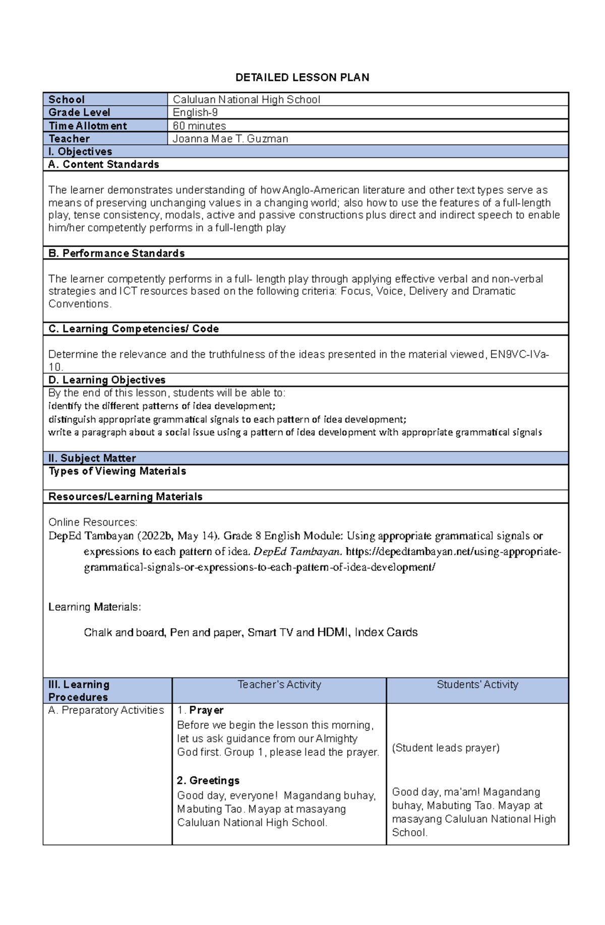 Types of viewing materials - DETAILED LESSON PLAN School Caluluan ...