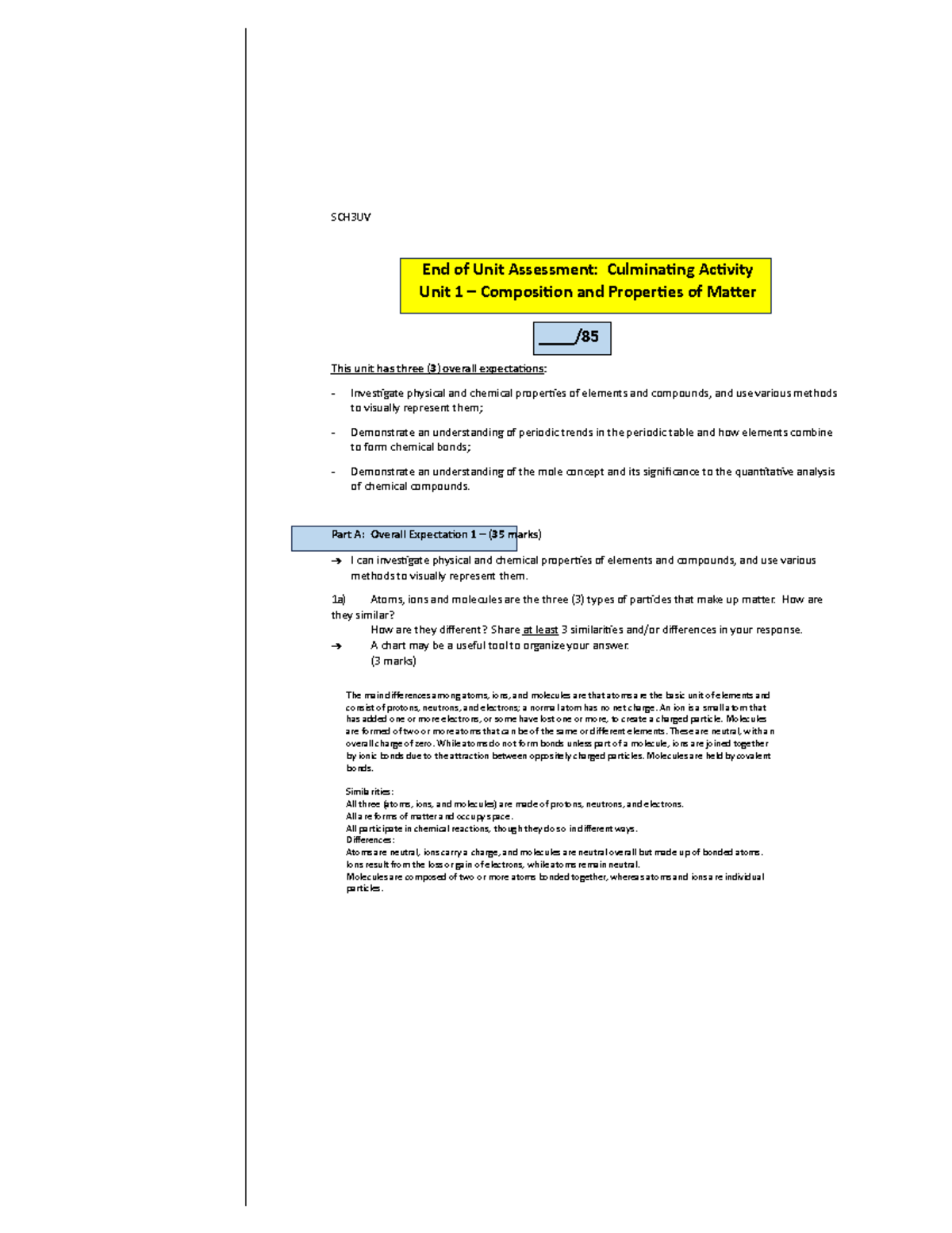 Unit 1 Culminating Assessment - Composition and Properties of Matter ...