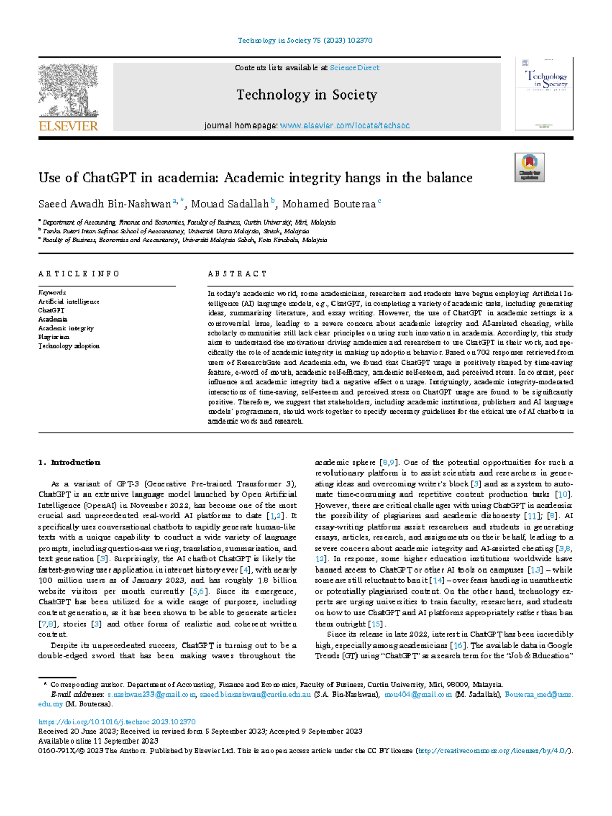 Chat GTP and Academic Integrity - Technology in Society 75 (2023 ...