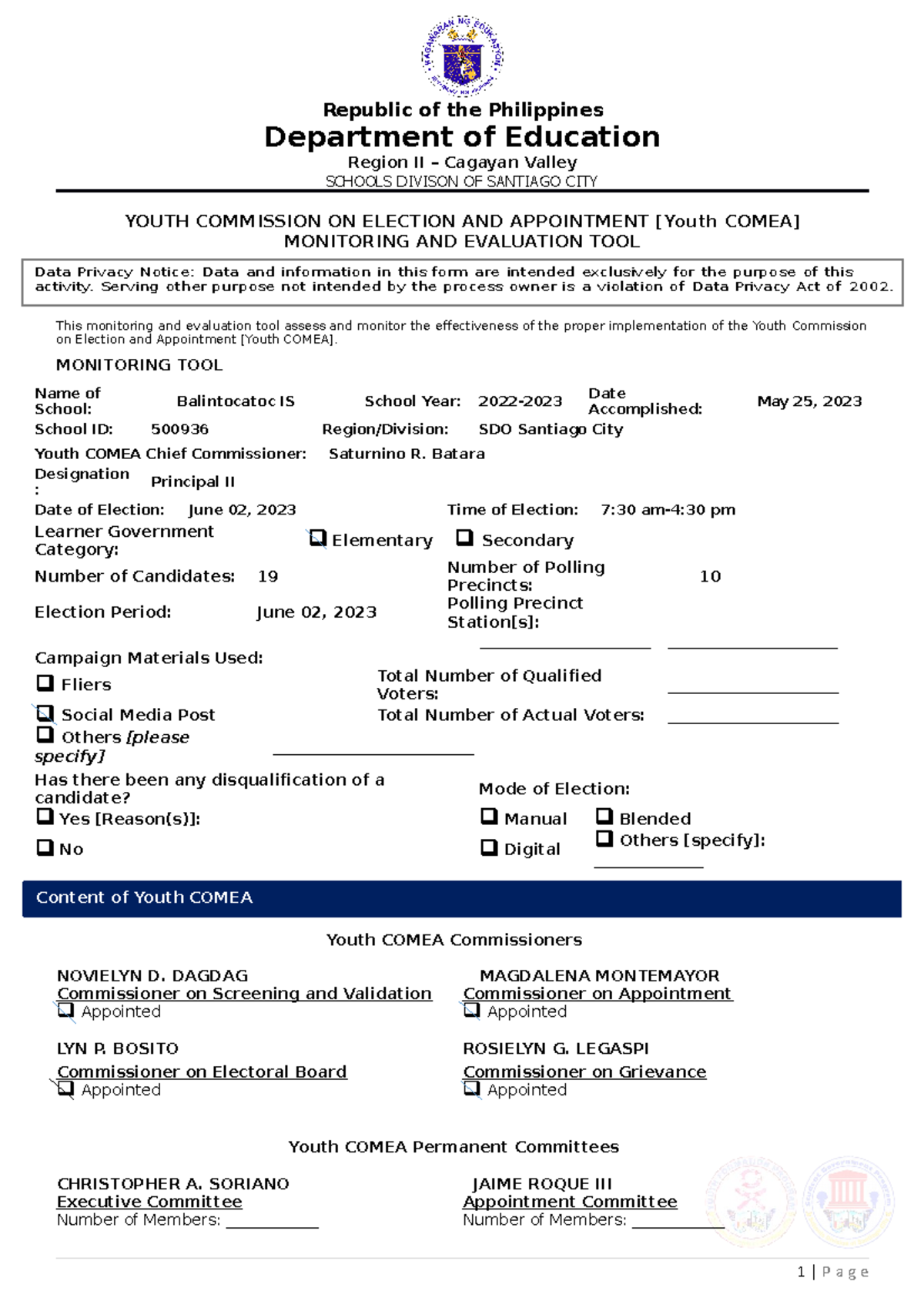 Ycomea META FORM - election of officers - Republic of the Philippines ...
