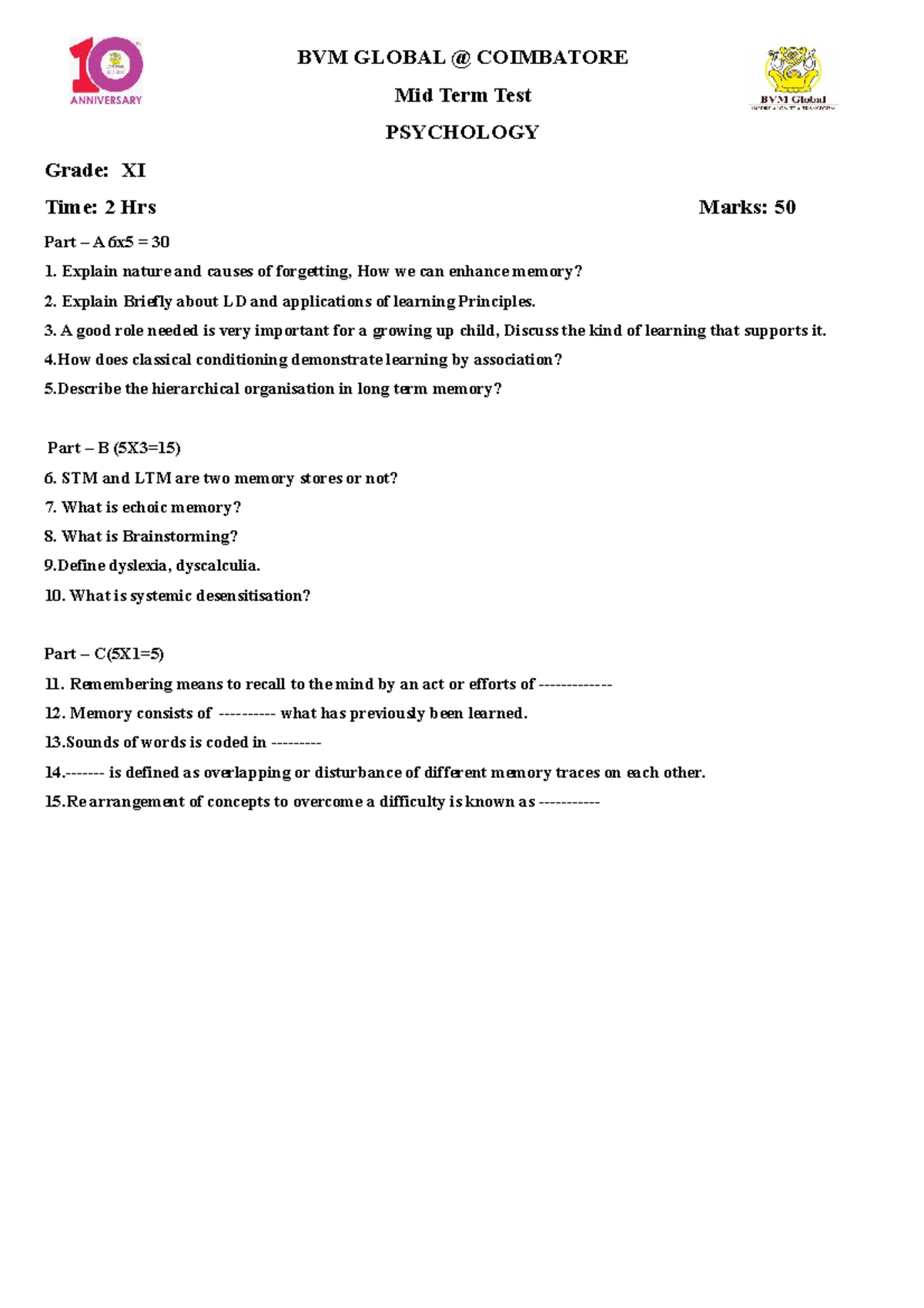 Sample/practice exam 2019, questions - BVM GLOBAL @ COIMBATORE Mid Term ...