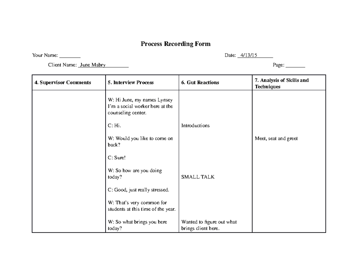 Process Recording Form - Process Recording Form Your Name: Date: 4/13 ...