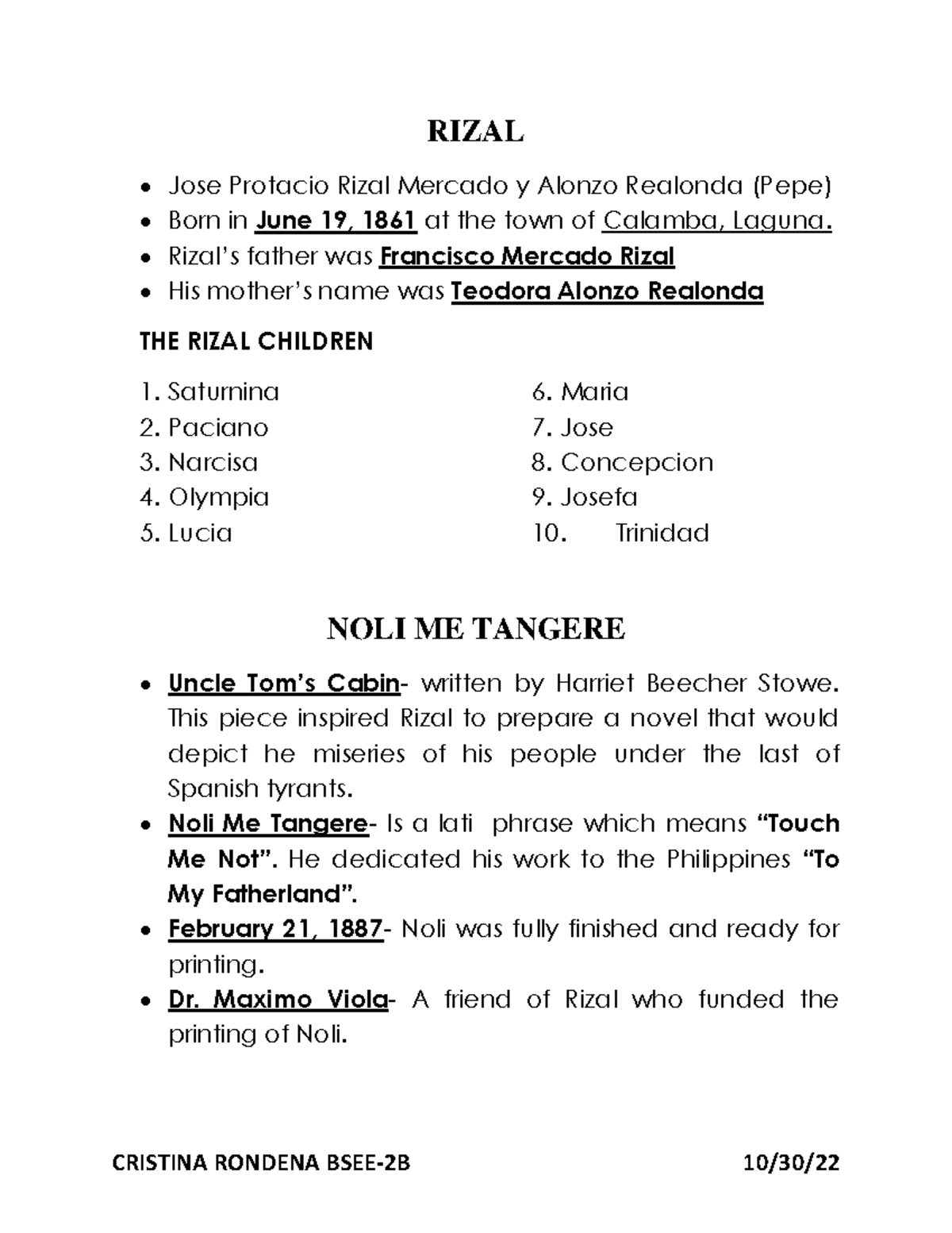 Rizal Midterm Pointers - RIZAL Jose Protacio Rizal Mercado y Alonzo Realonda (Pepe) Born in June ...