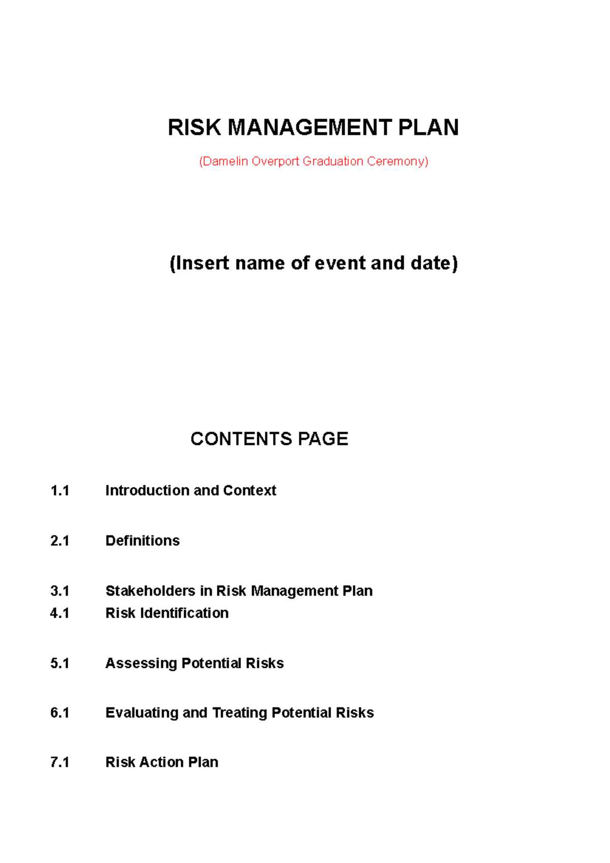 Sample risk detailed management plan - RISK MANAGEMENT PLAN (Damelin ...