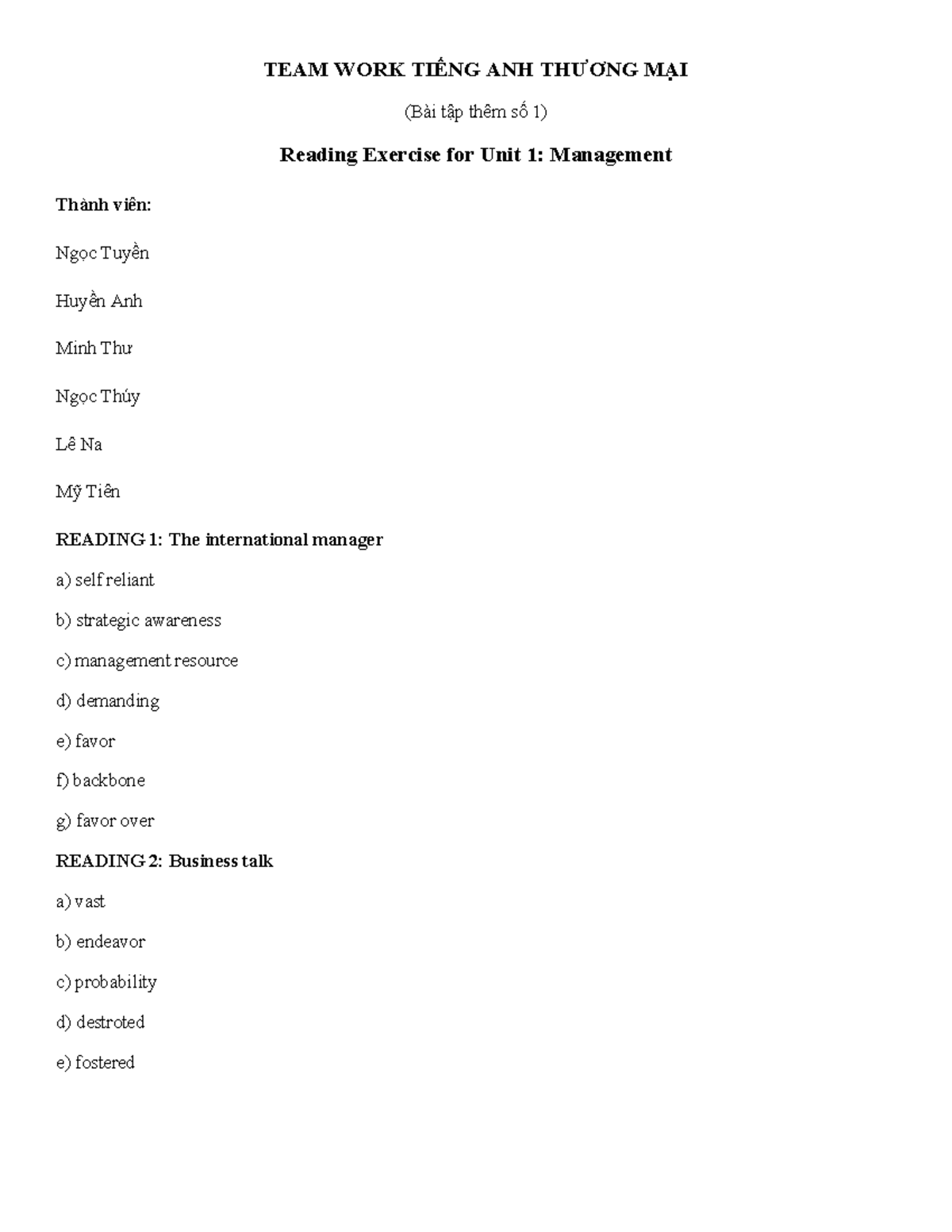 TEAM WORK TIẾNG ANH THƯƠNG MẠI 1 - TEAM WORK TIẾNG ANH THƯƠNG MẠI (Bài ...