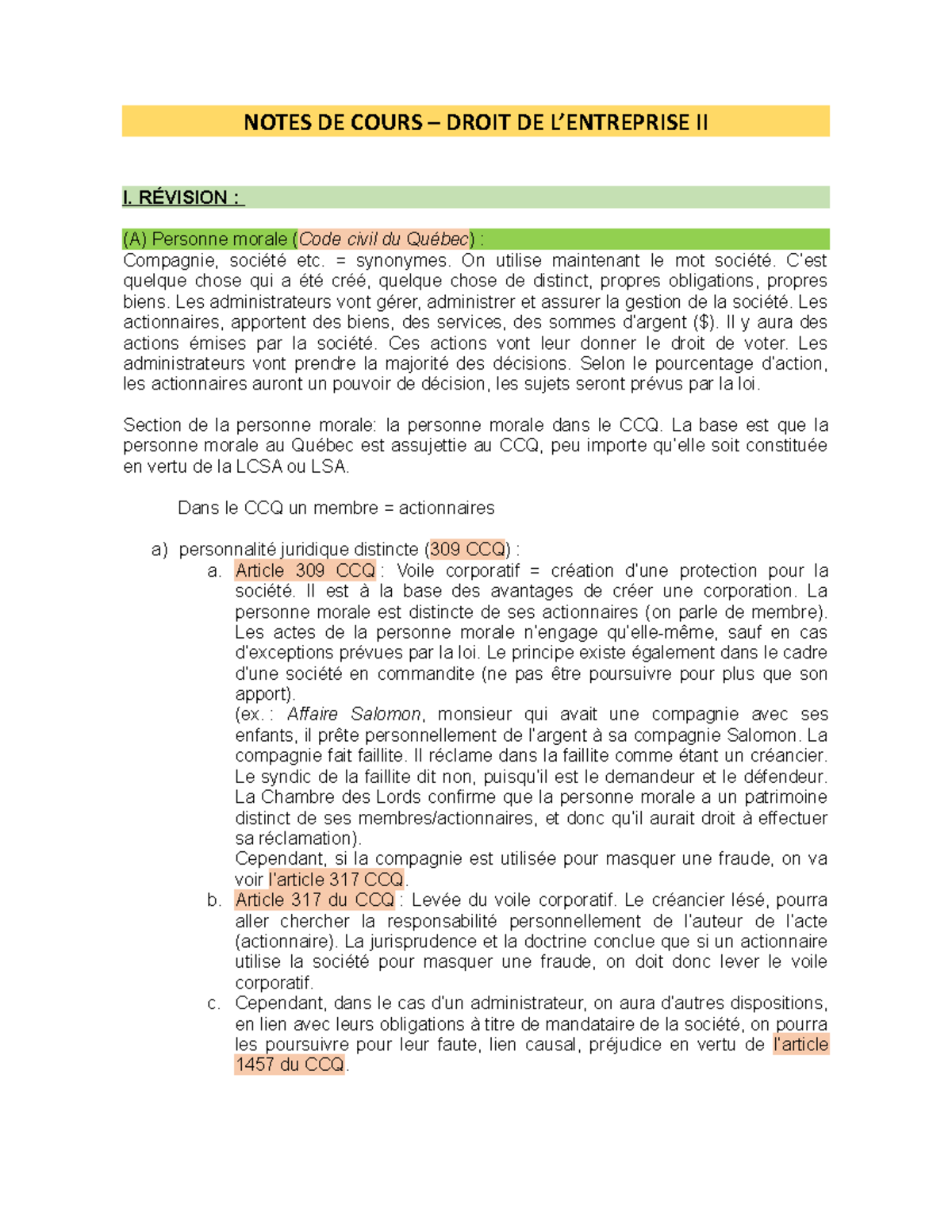 Notes de cours - Droit de l'entreprise II Hiver 2023 - NOTES DE COURS ...