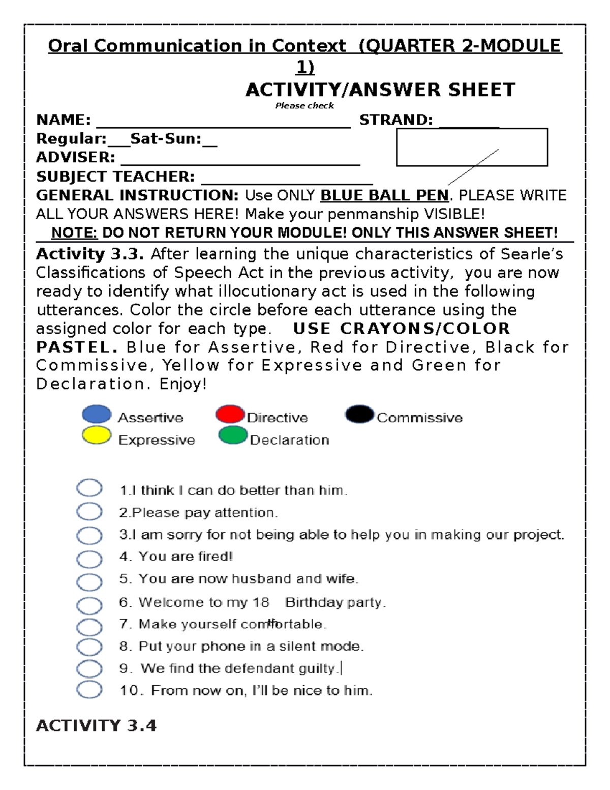 Oral Communication in Context Module 4 ACtivity sheet - Oral ...