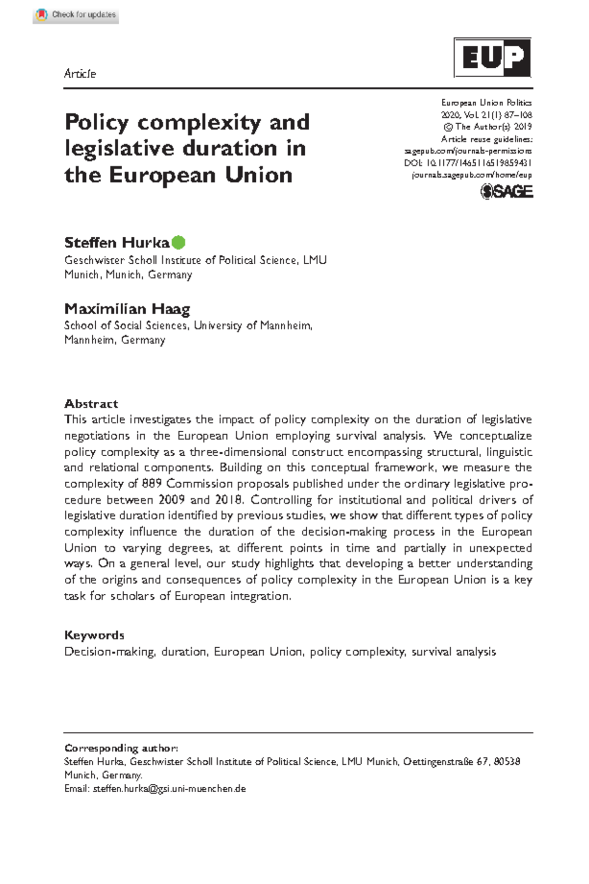 Hurka haag 2019 policy complexity and legislative duration in the ...