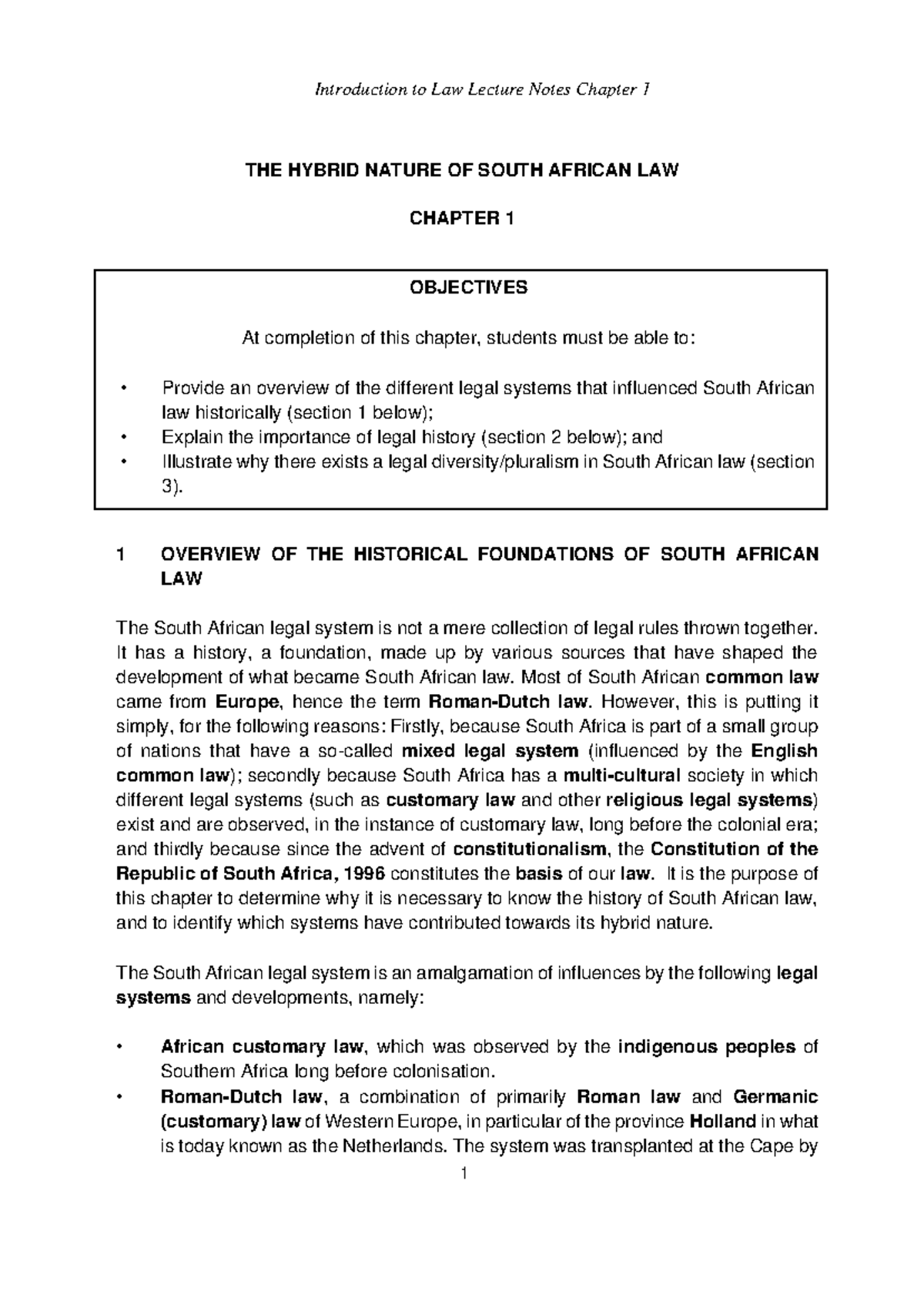 JLKV100 sem 2 chapter 1 - THE HYBRID NATURE OF SOUTH AFRICAN LAW ...