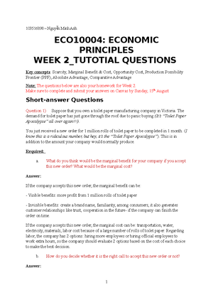 HW week 8 - Homework of week 8 - ECO10004: ECONOMIC PRINCIPLES WEEK 8_TUTORIAL QUESTIONS Key ...