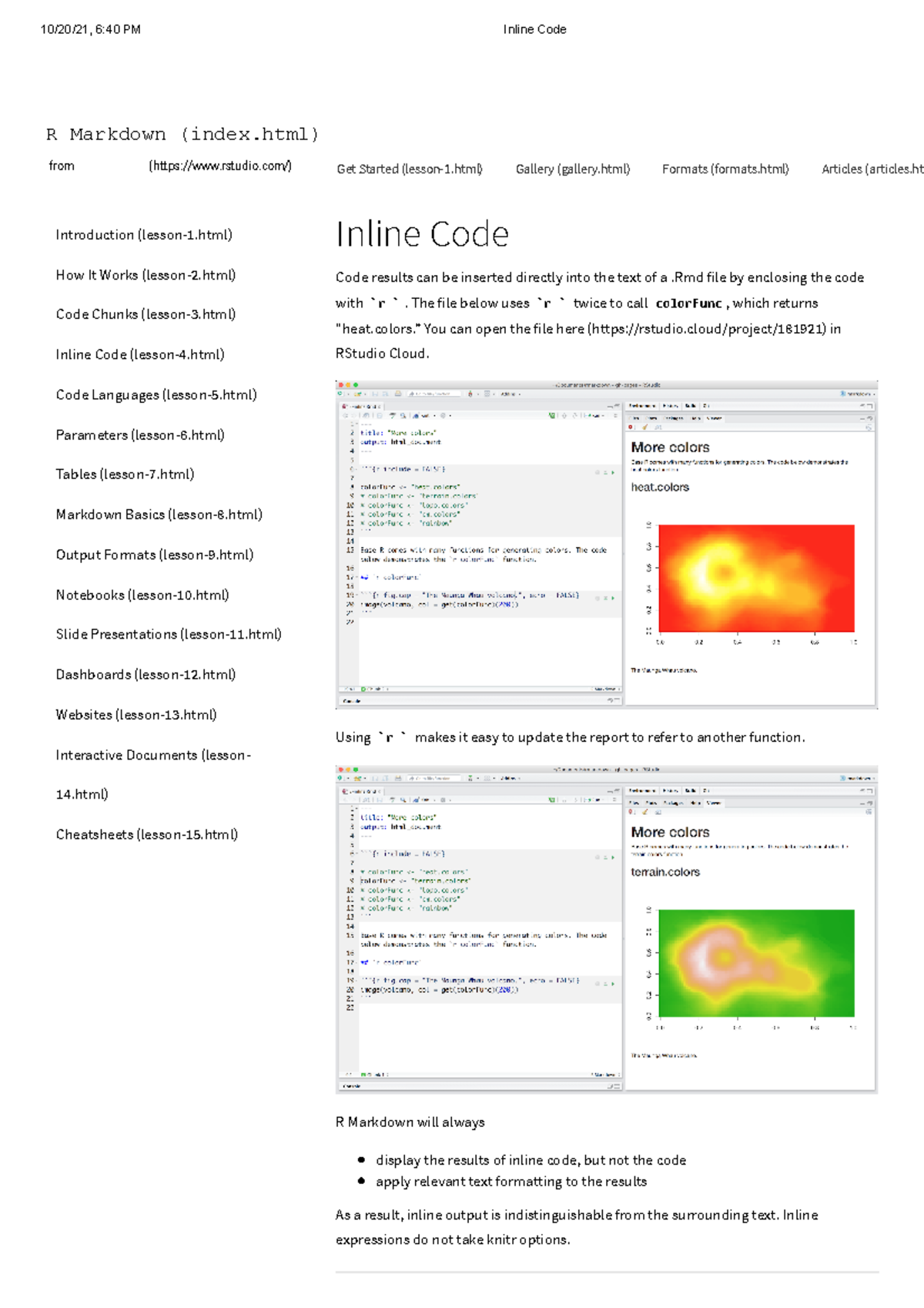 How to write inline code (info from the R website) - 10/20/21, 6:40 PM ...
