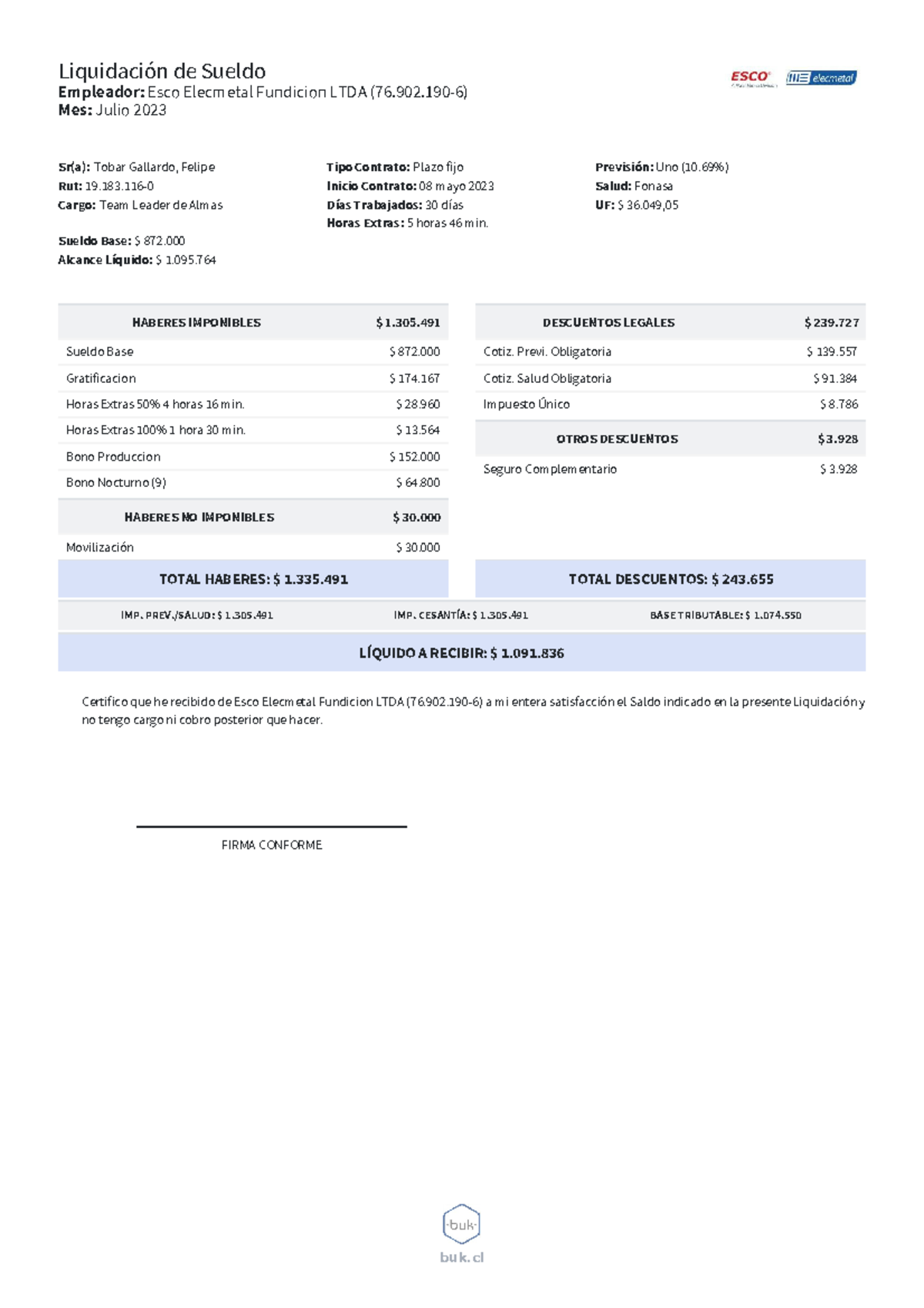 FTG Julio - Resumen - IMP. PREV./SALUD: $ 1.305 IMP. CESANTÍA: $ 1.305 ...