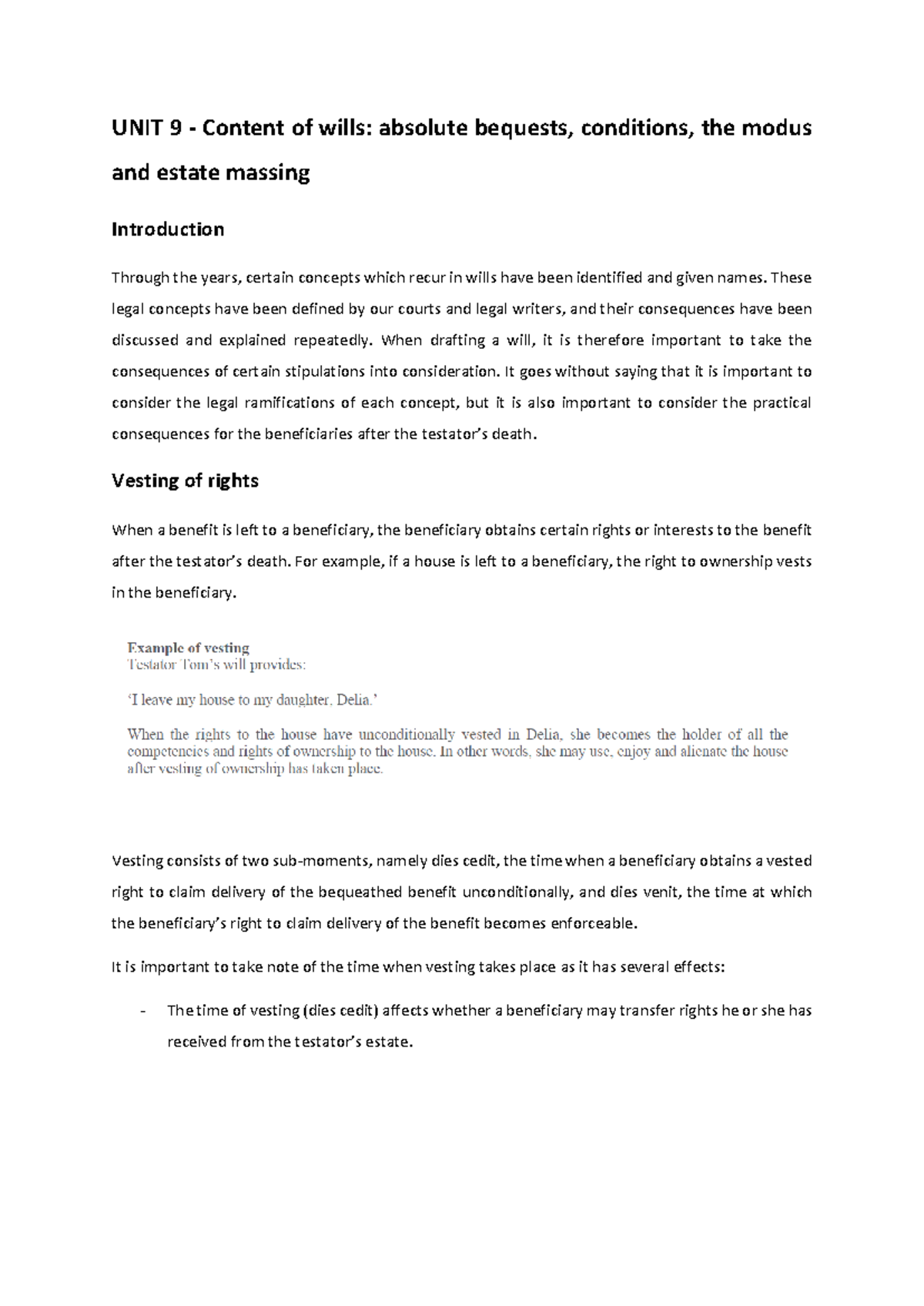 PVL2602 LU9&10 Summary - UNIT 9 - Content of wills: absolute bequests ...