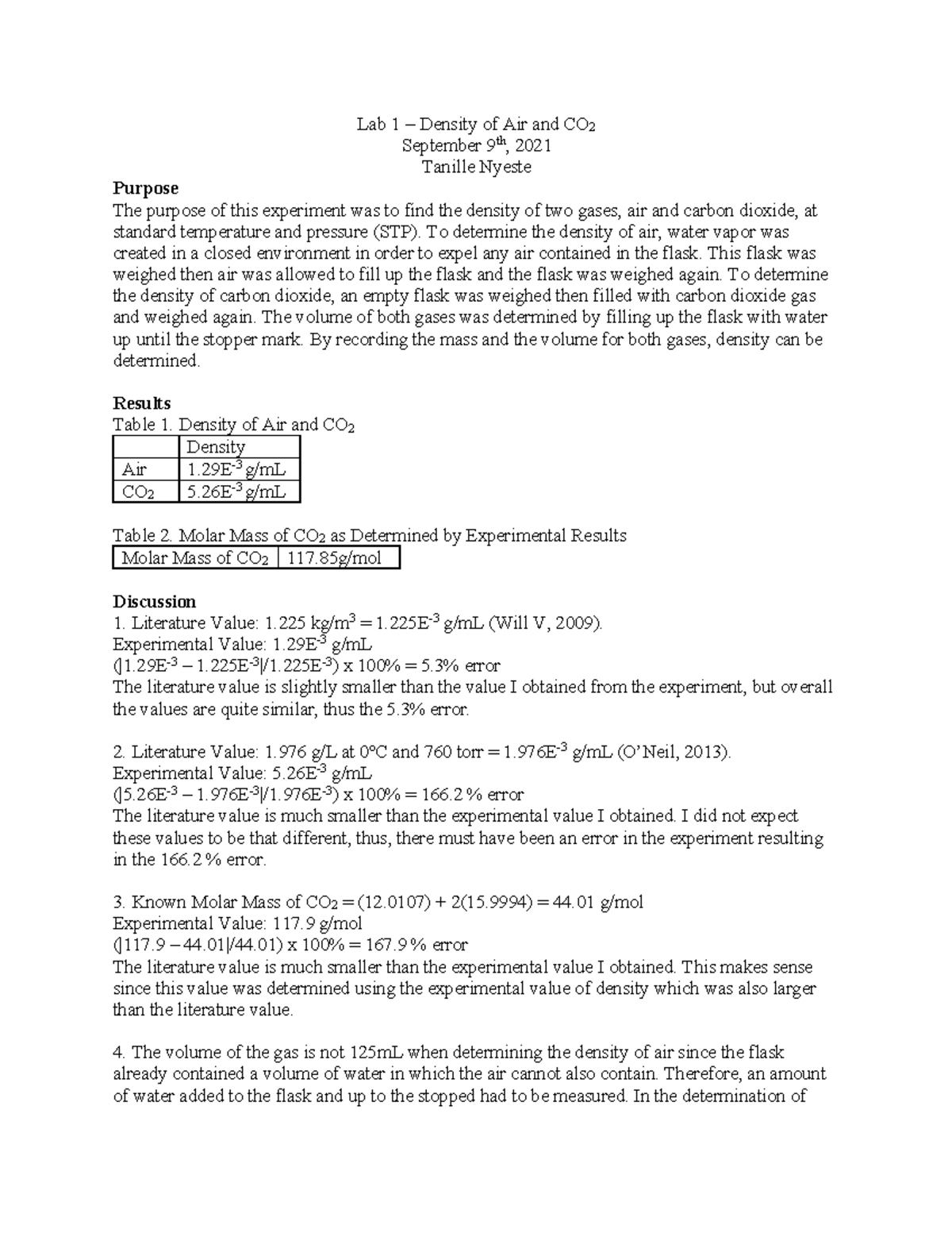 Lab 1 Report - Lab 1 – Density of Air and CO 2 September 9th, 2021 ...