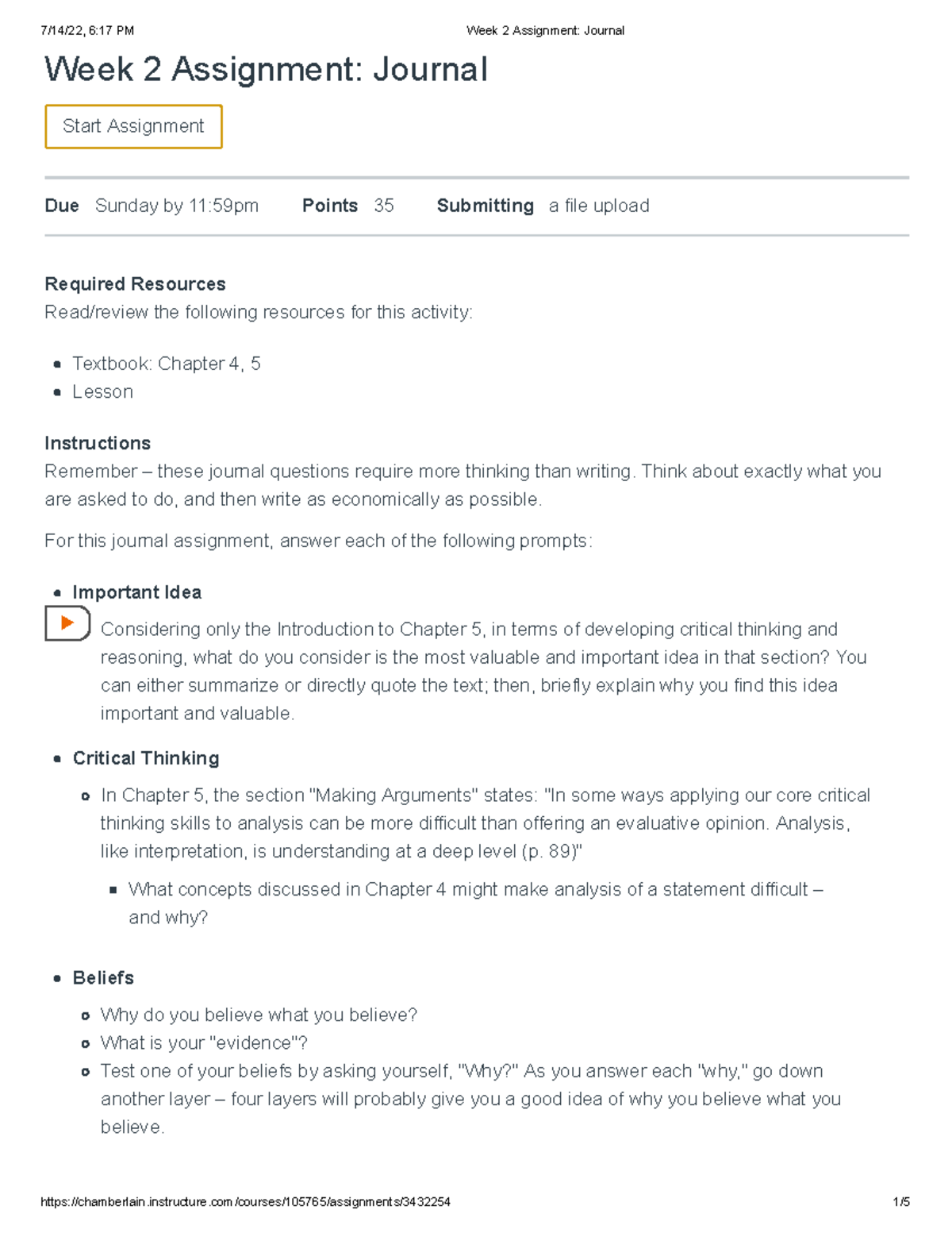 Week2journal Assignment - Week 2 Assignment: Journal Due Sunday by 11 ...