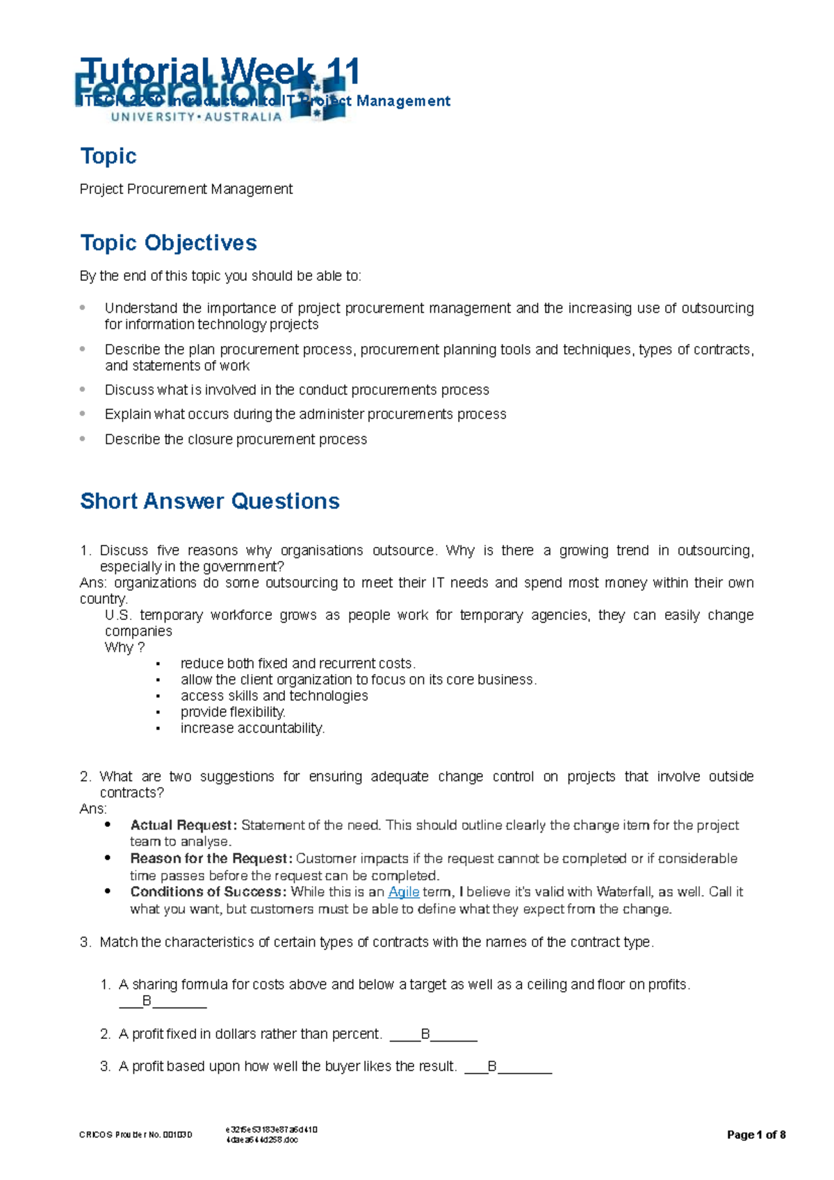 11 tutorial - ITECH 2250 Introduction to IT Project Management Topic ...