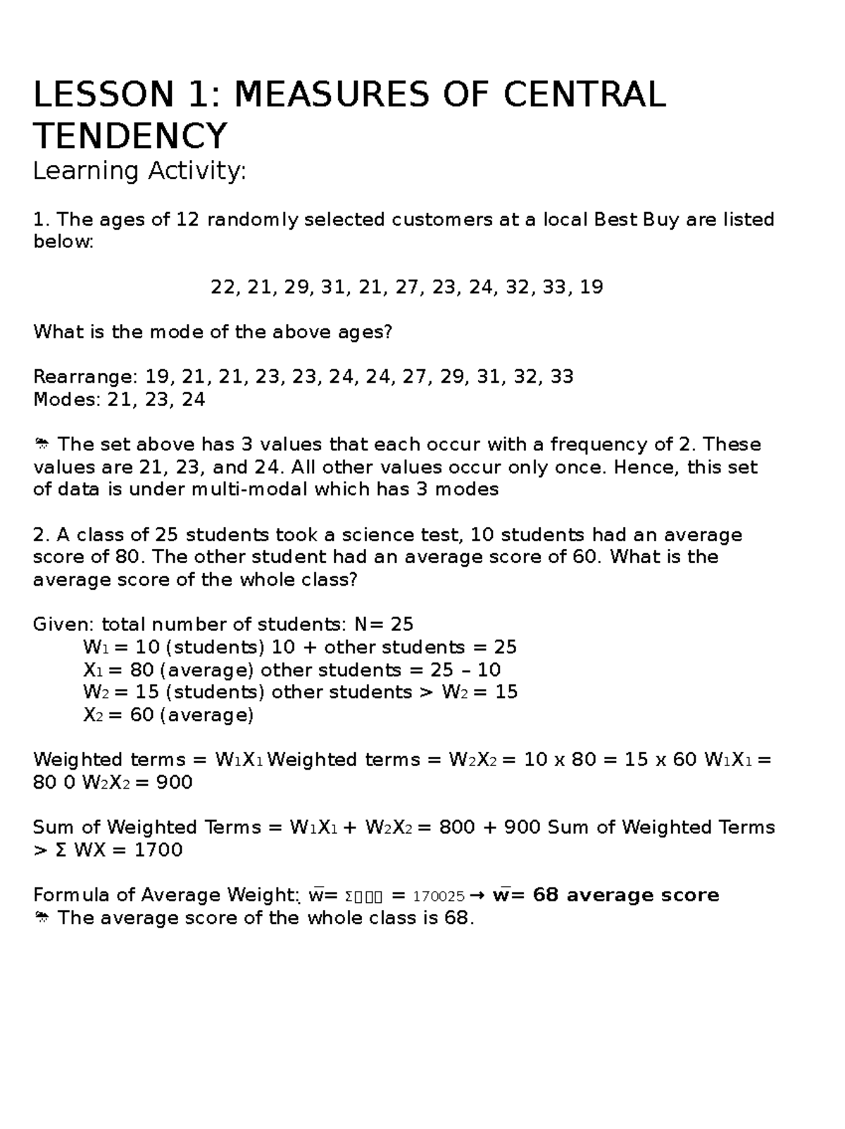 Mdule 4 Activities - ,,,,, - LESSON 1: MEASURES OF CENTRAL TENDENCY ...