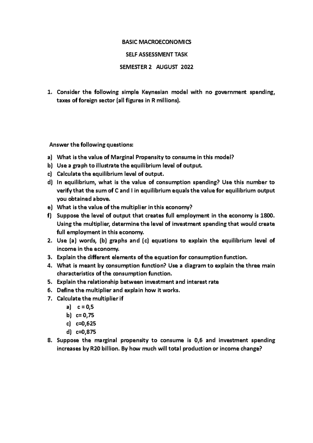 Eco 1241 Self Assessment Task Semester 2 August 2022 - BASIC ...