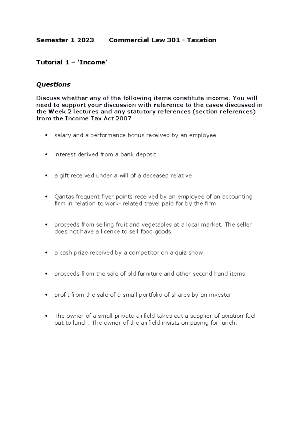 Comlaw 301 Tutorial 1 - Income - student worksheet - Semester 1 2023 ...