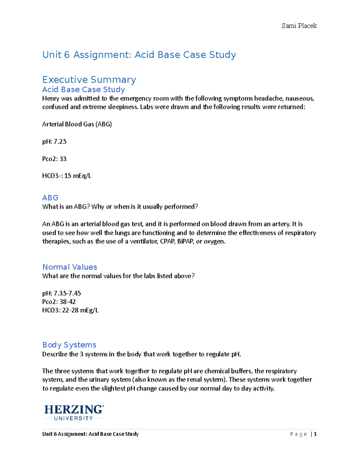 Unit 6 Assignment - Acid Base Case Study worksheet - Unit 6 Assignment ...