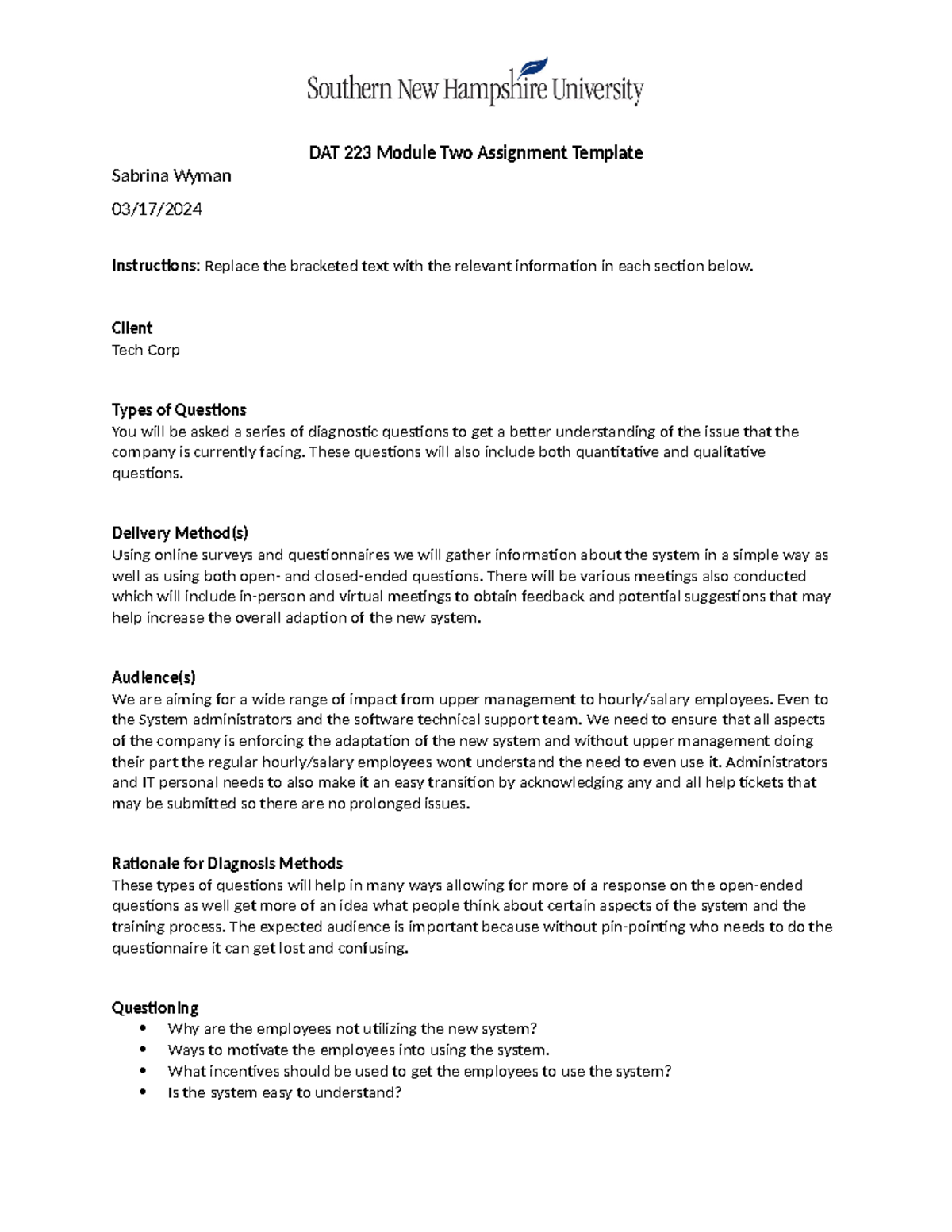 DAT 223 Module TWO Worksheet - DAT 223 Module Two Assignment Template ...