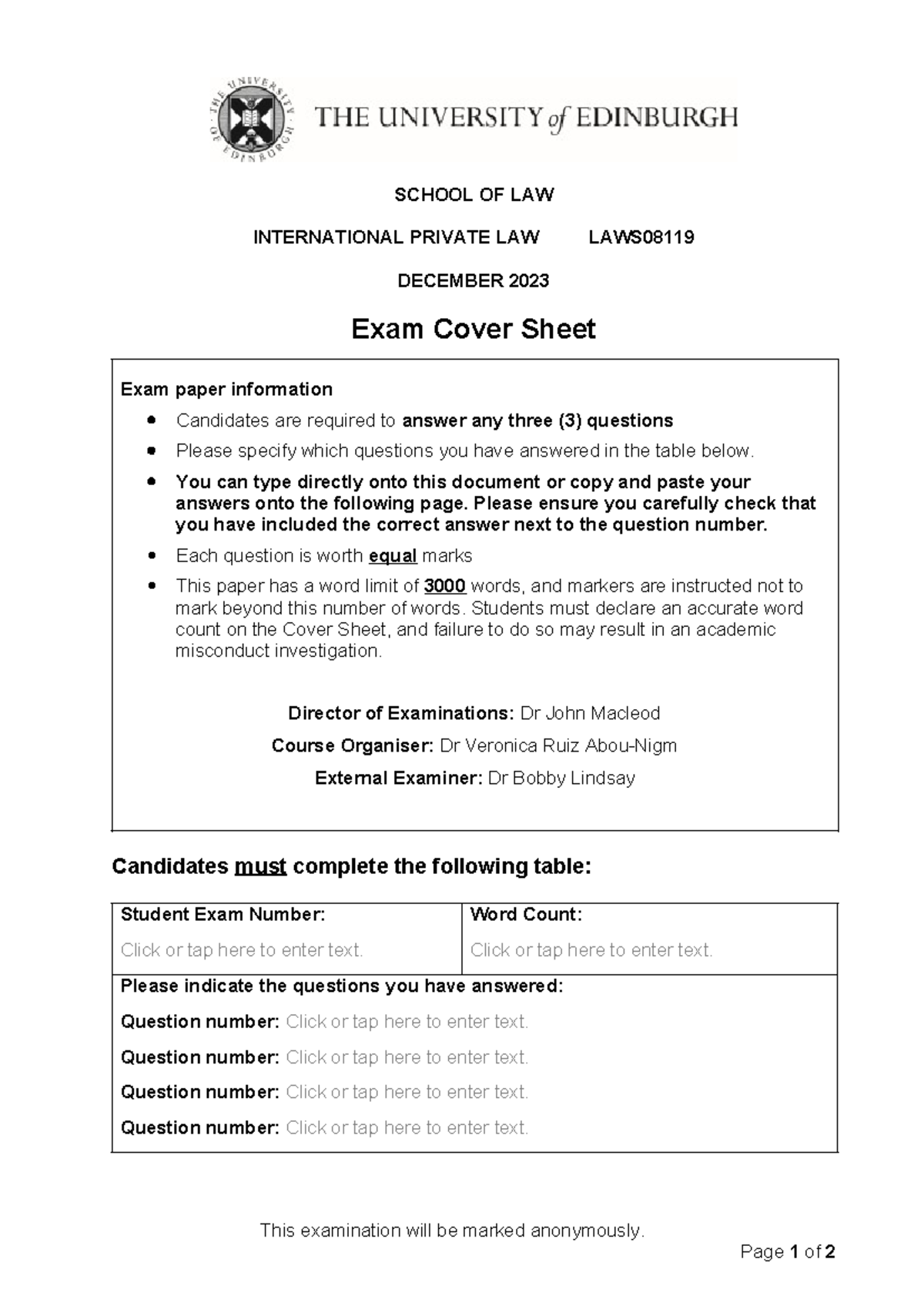 International Private Law Examination Cover Sheet - December 2023 ...