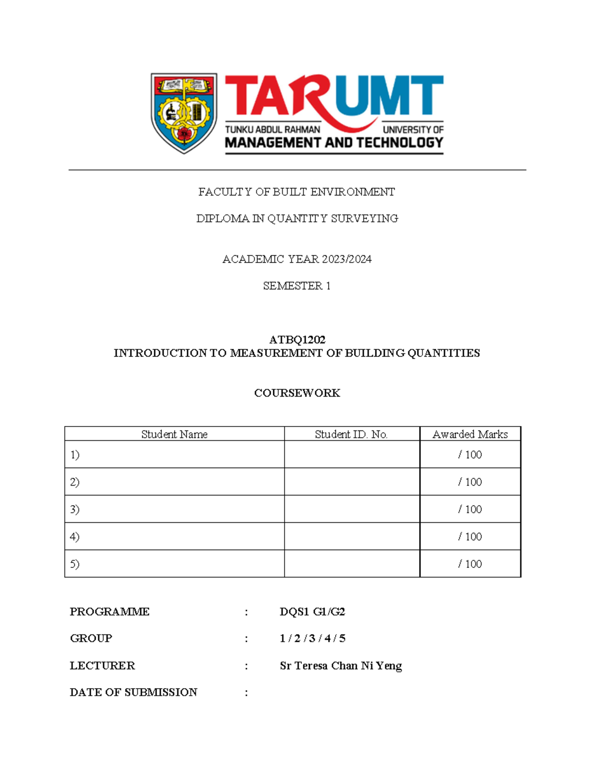 Qs assignment - Quantity Survey - FACULTY OF BUILT ENVIRONMENT DIPLOMA ...